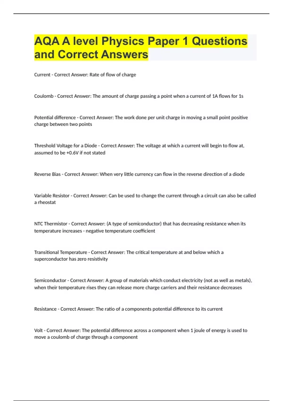 AQA A level Physics Paper 1 Questions and Correct Answers - Aqa - Stuvia US