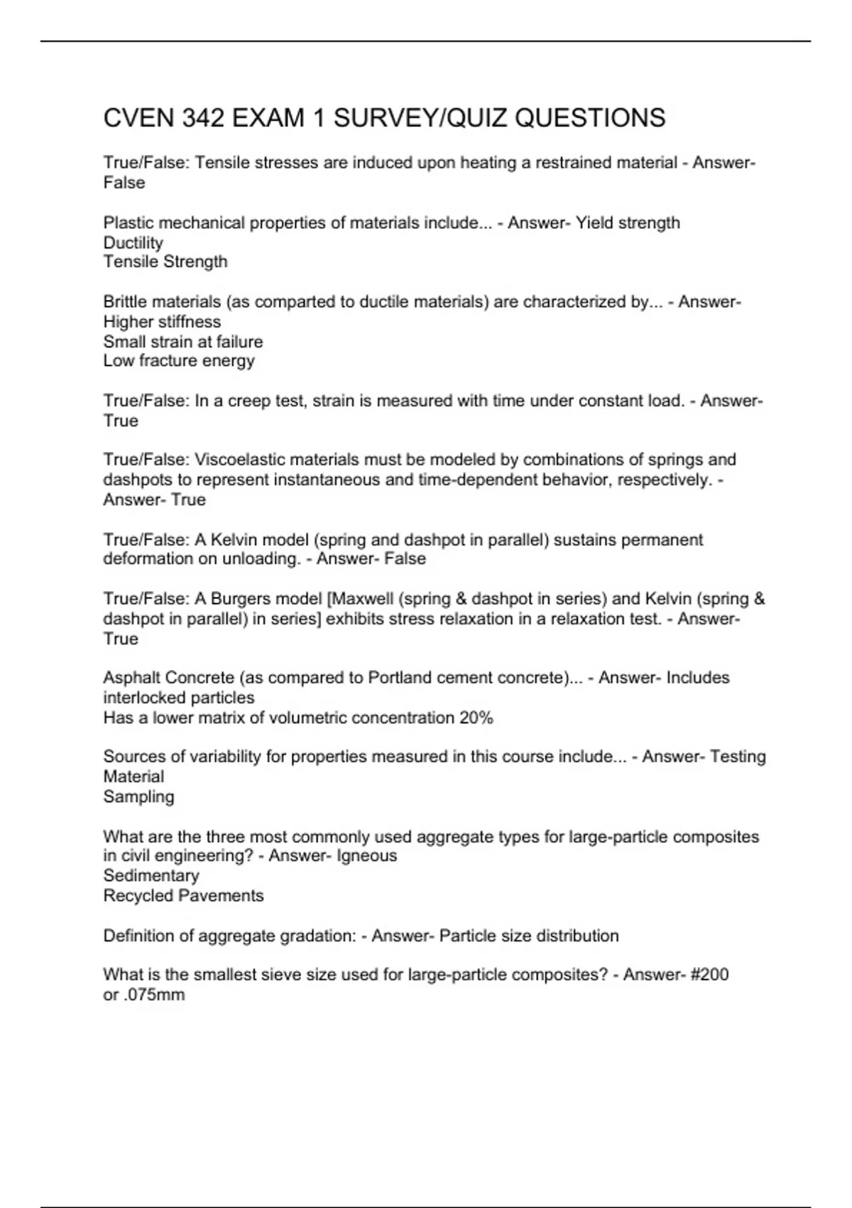 CVEN 342 EXAM 1 SURVEY/QUIZ QUESTIONS - CVEN 342 - Stuvia US
