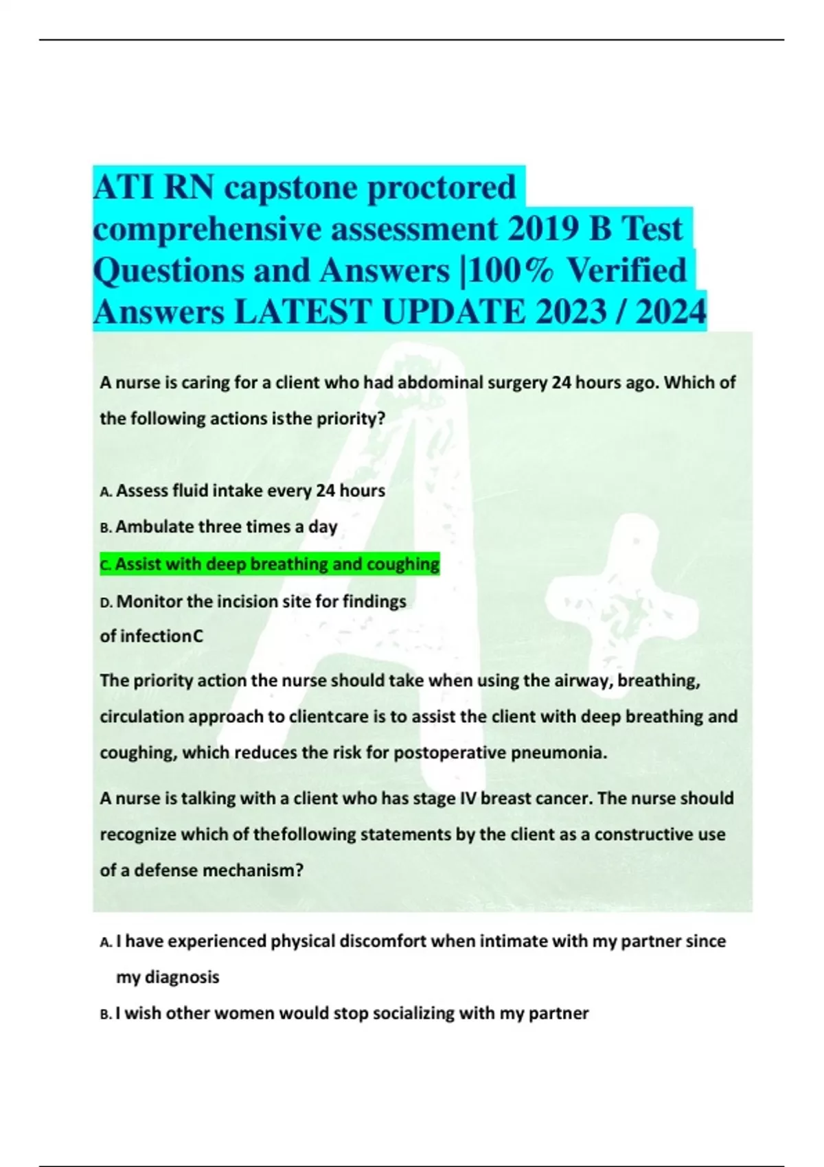 ATI RN capstone proctored comprehensive assessment 2019 B Test ...