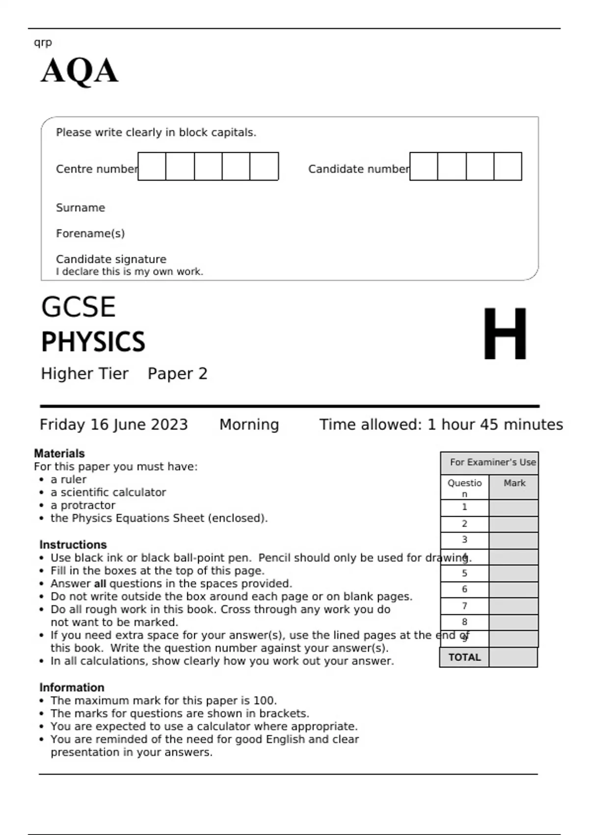 AQA GCSE PHYSICS Higher Tier Paper 2 JUNE 2023 QUESTION PAPER - GCSE ...