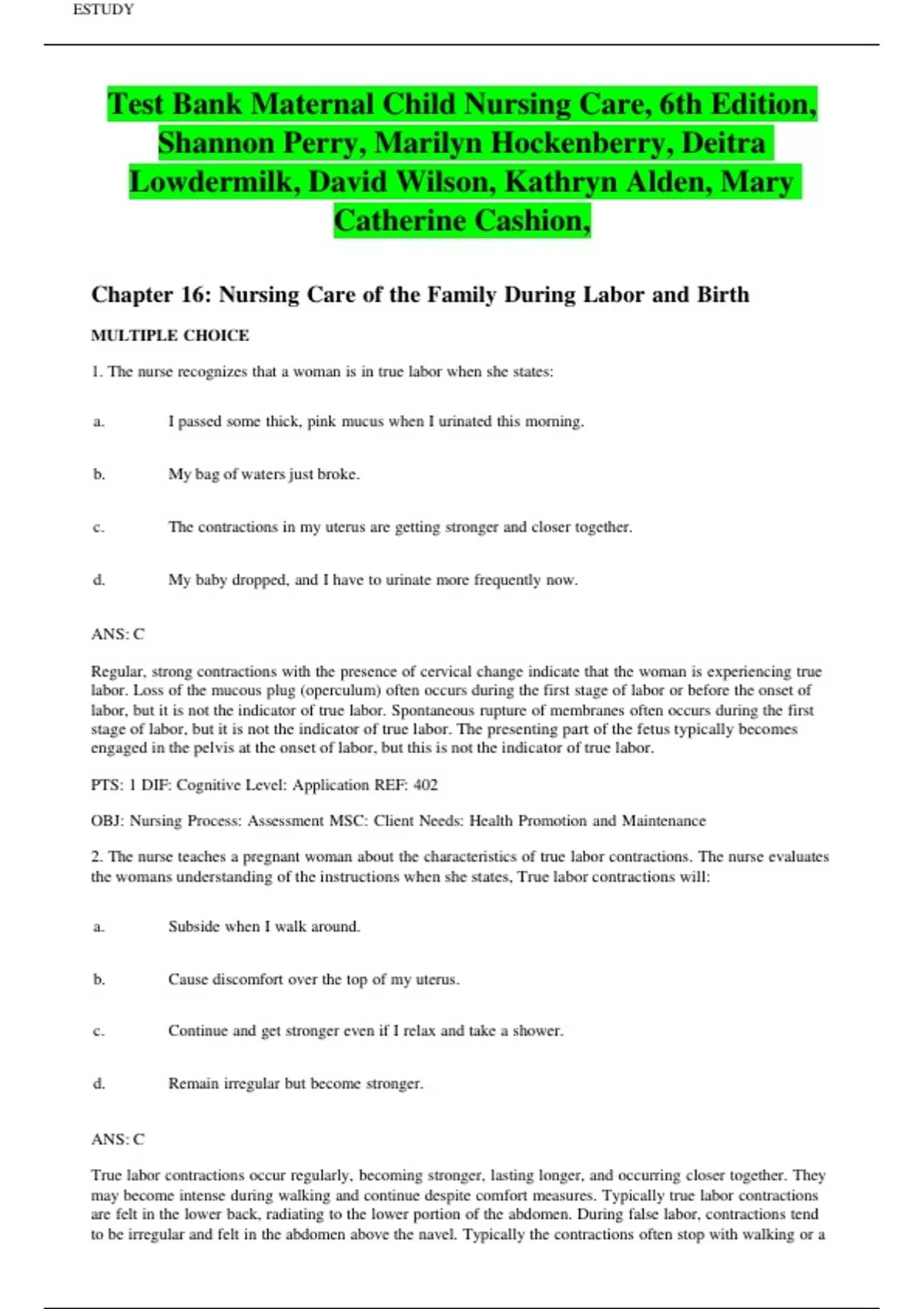 Test Bank Maternal Child Nursing Care, 6th Edition, Chapter 16: Nursing ...