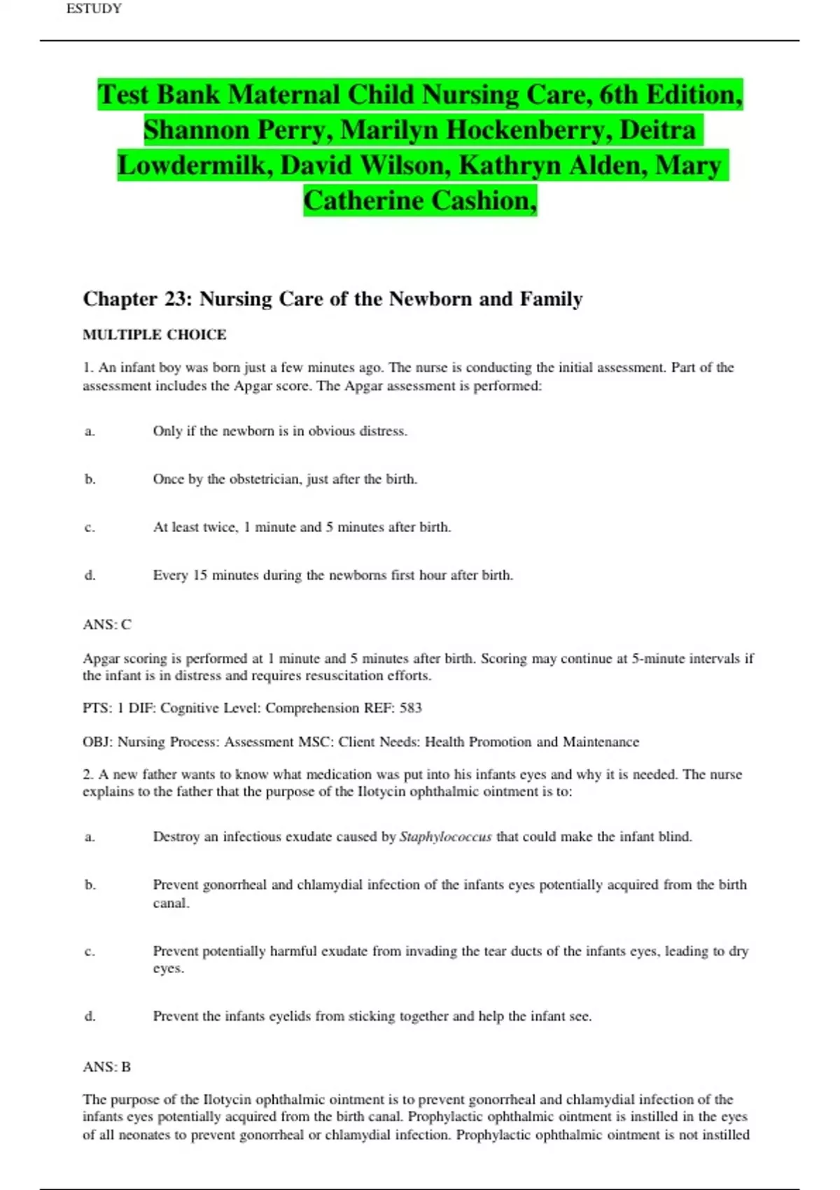 Test Bank Maternal Child Nursing Care, 6th Edition, Chapter 23: Nursing ...