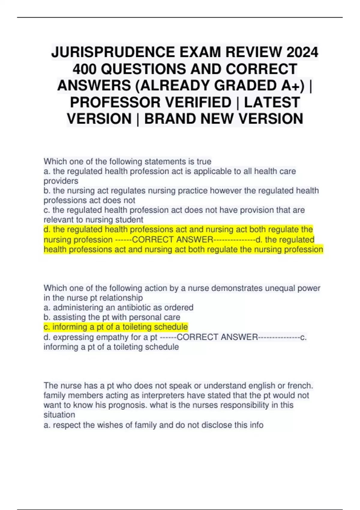 JURISPRUDENCE EXAM REVIEW 2024 400 QUESTIONS AND CORRECT ANSWERS ...