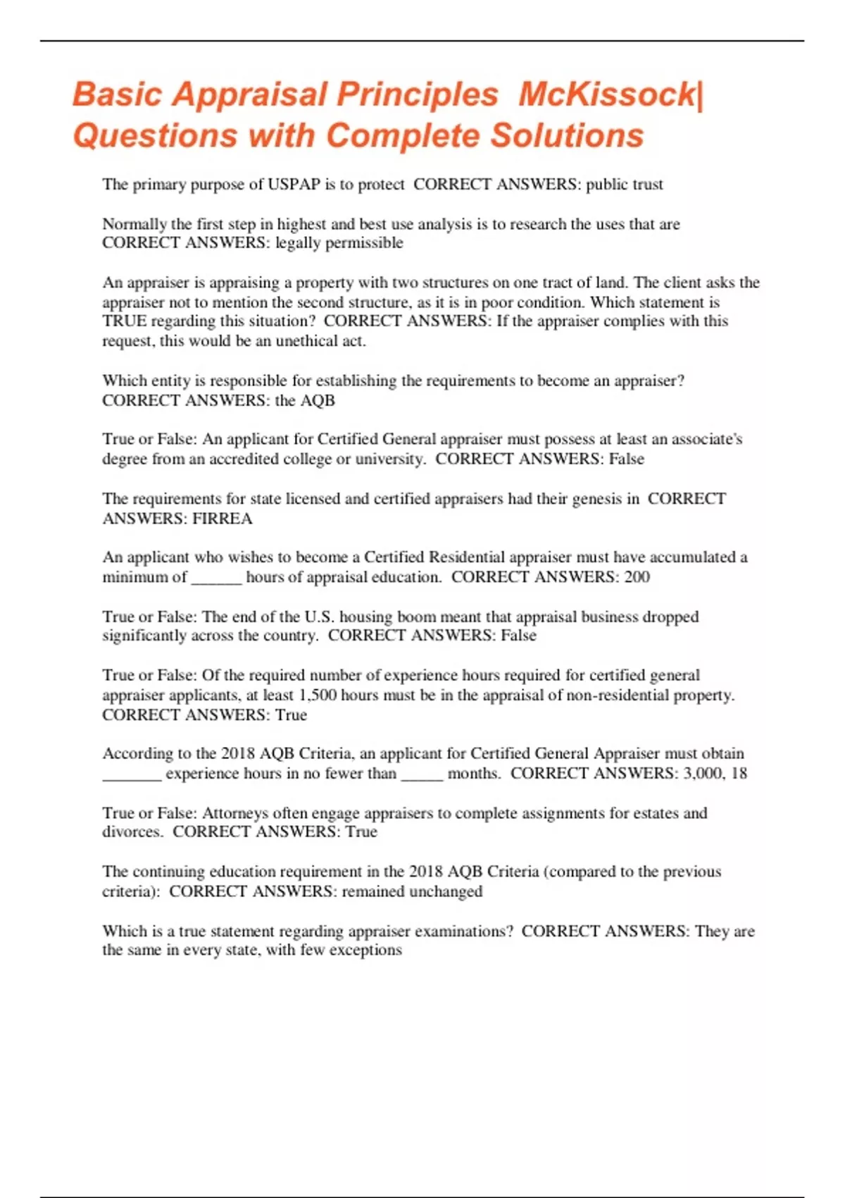 Basic Appraisal Principles McKissock| Questions with Complete Solutions - McKissock Basic ...