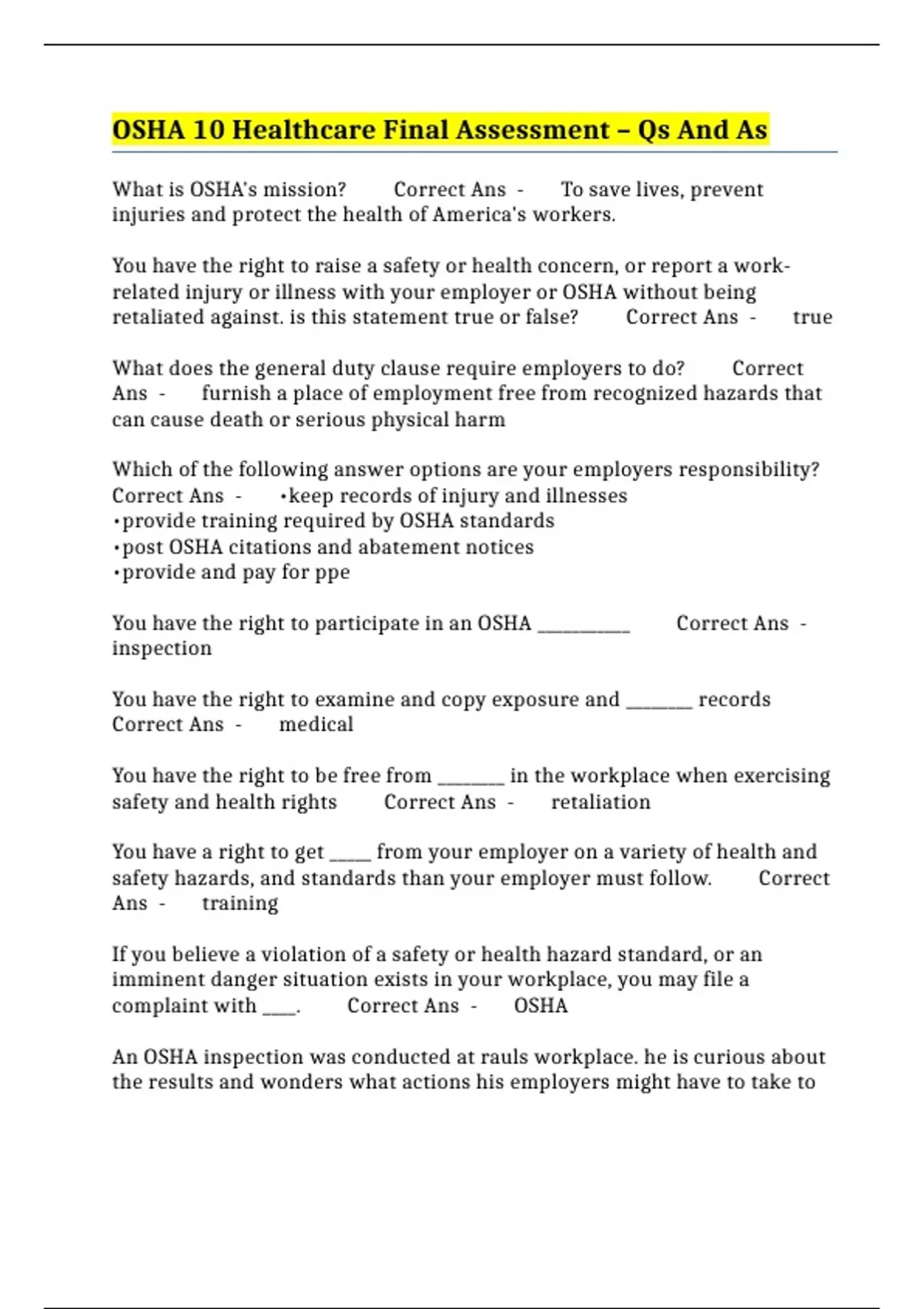 OSHA 10 Healthcare Final Assessment – Qs And As - OSHA 10 - Stuvia US