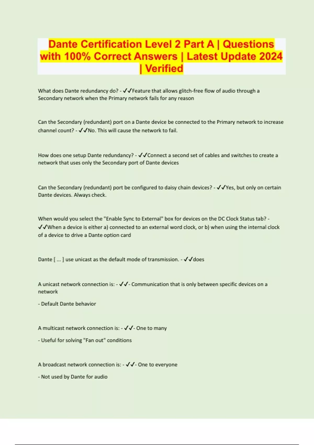 Dante Certification Level 2 Part A | Questions with 100% Correct ...