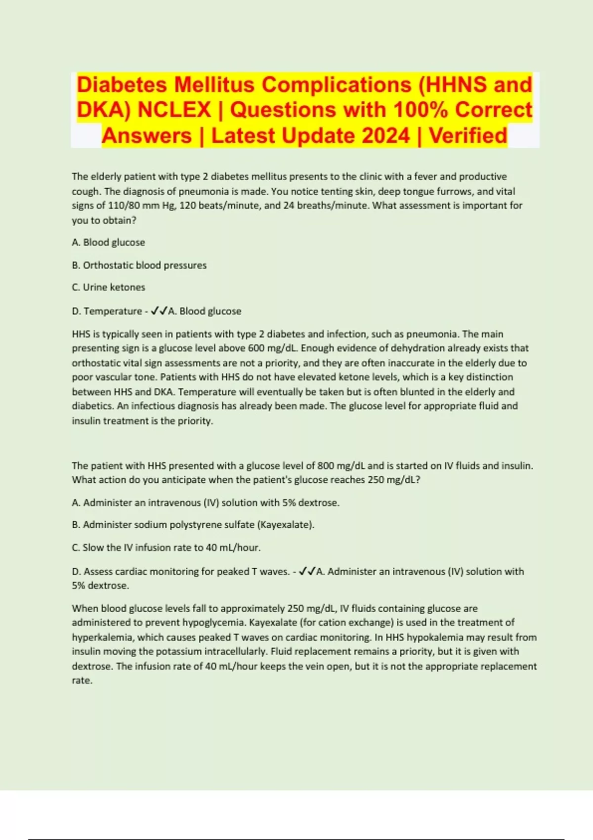 Diabetes, DKA, HHNS NCLEX REVIEW | Questions with 100% Correct Answers ...