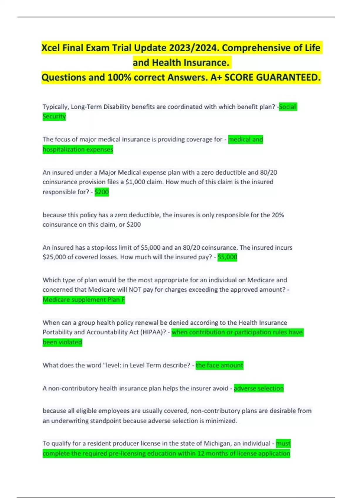 Xcel Final Exam Trial Update 2023/2024. Comprehensive of Life and ...