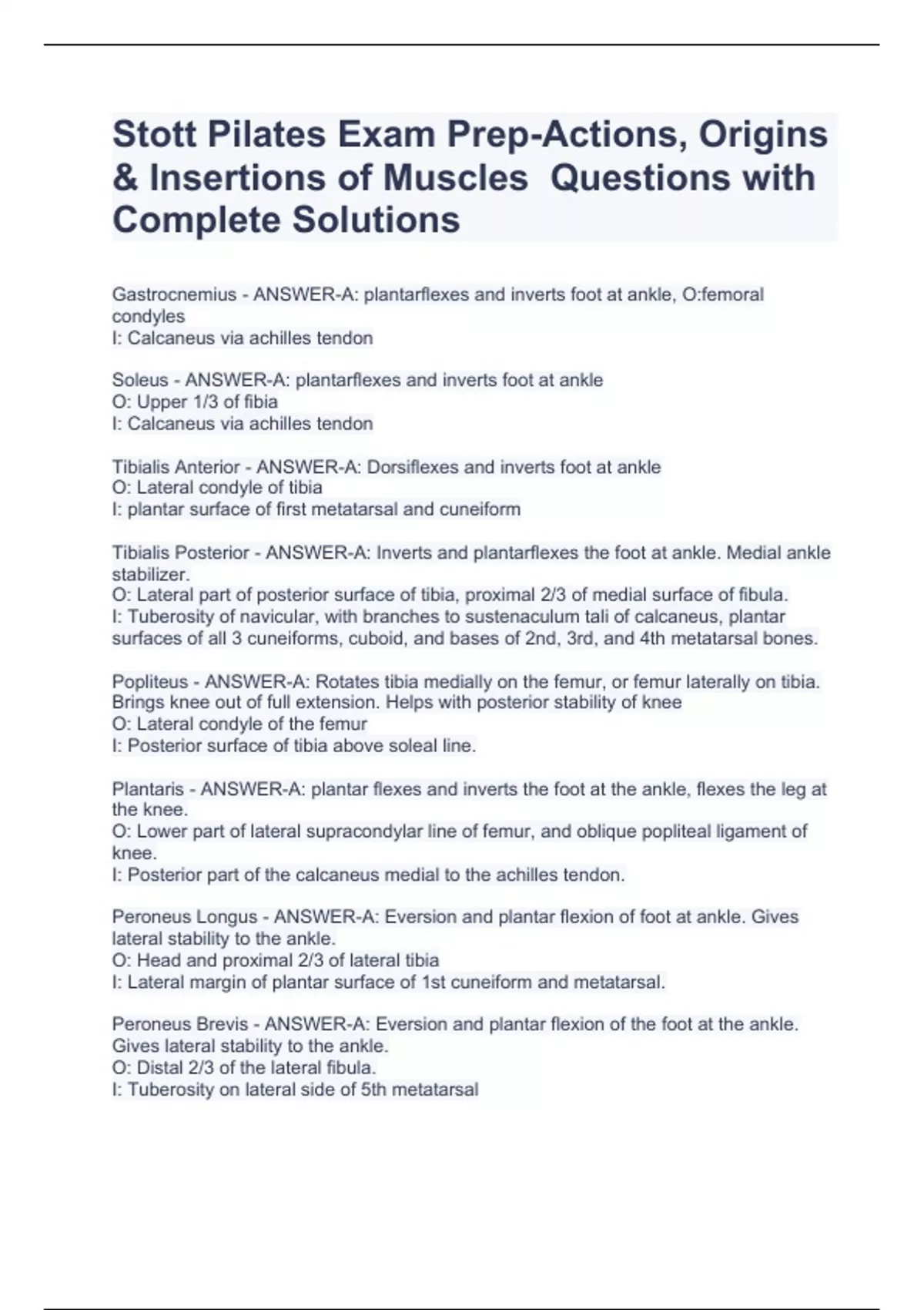 Stott Pilates Exam Prep-Actions, Origins & Insertions of Muscles ...