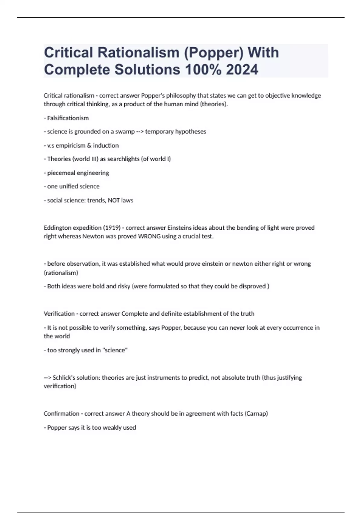 Critical Rationalism (Popper) With Complete Solutions 100% 2024 ...