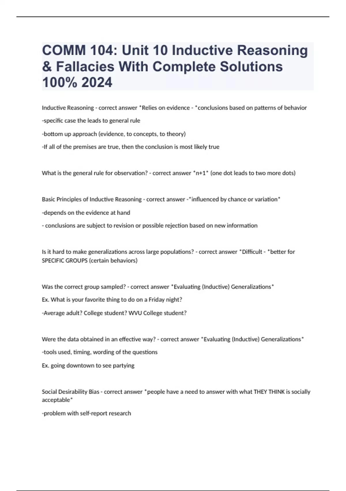 COMM 104: Unit 10 Inductive Reasoning & Fallacies With Complete Solutions 100% 2024 - BUSN410 ...