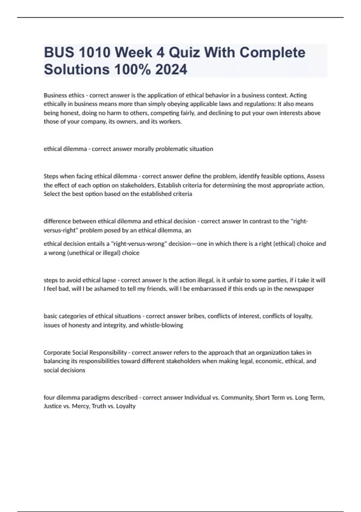 BUS 1010 Week 4 Quiz With Complete Solutions 100% 2024 - BUSN410 - Stuvia US