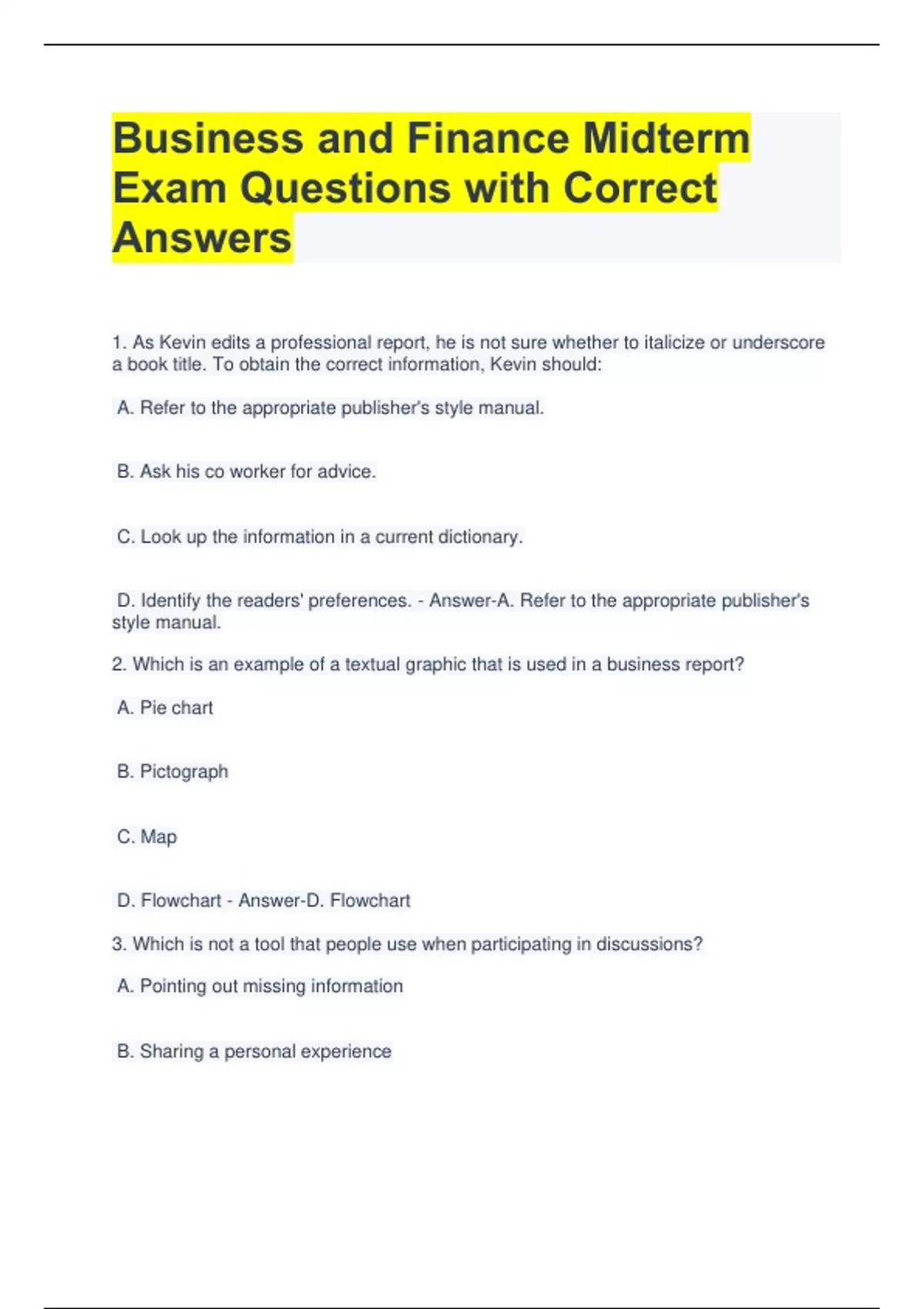 Business and Finance Midterm Exam Questions with Correct Answers ...