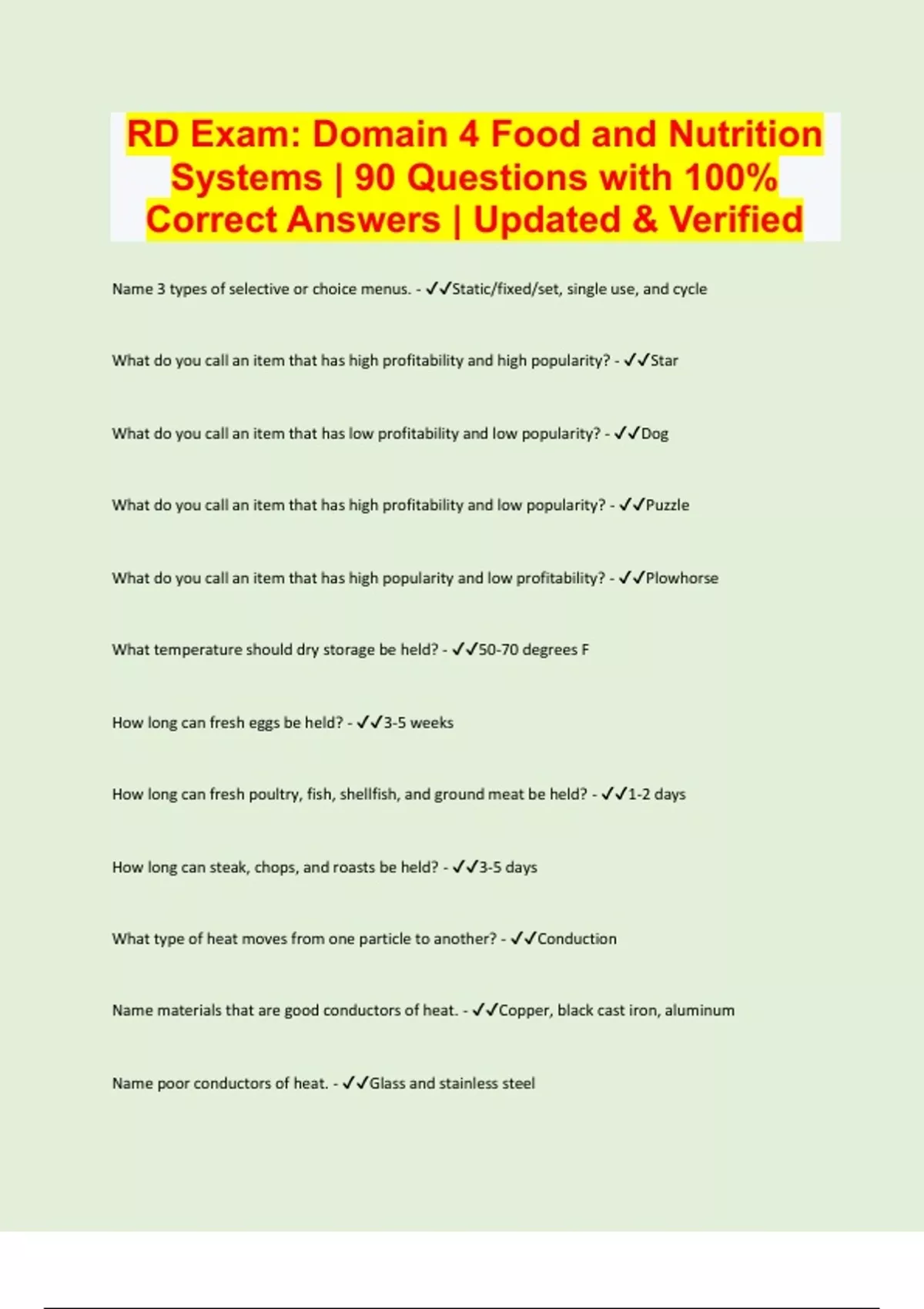 RD Exam: Domain 4 Food and Nutrition Systems | 90 Questions with 100% Correct Answers | Updated ...