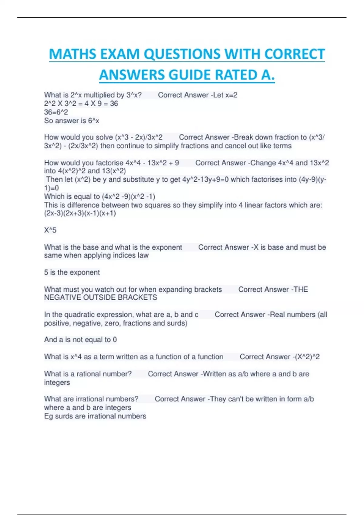 MATHS EXAM QUESTIONS WITH CORRECT ANSWERS GUIDE RATED A. - MATHEMATICS ...