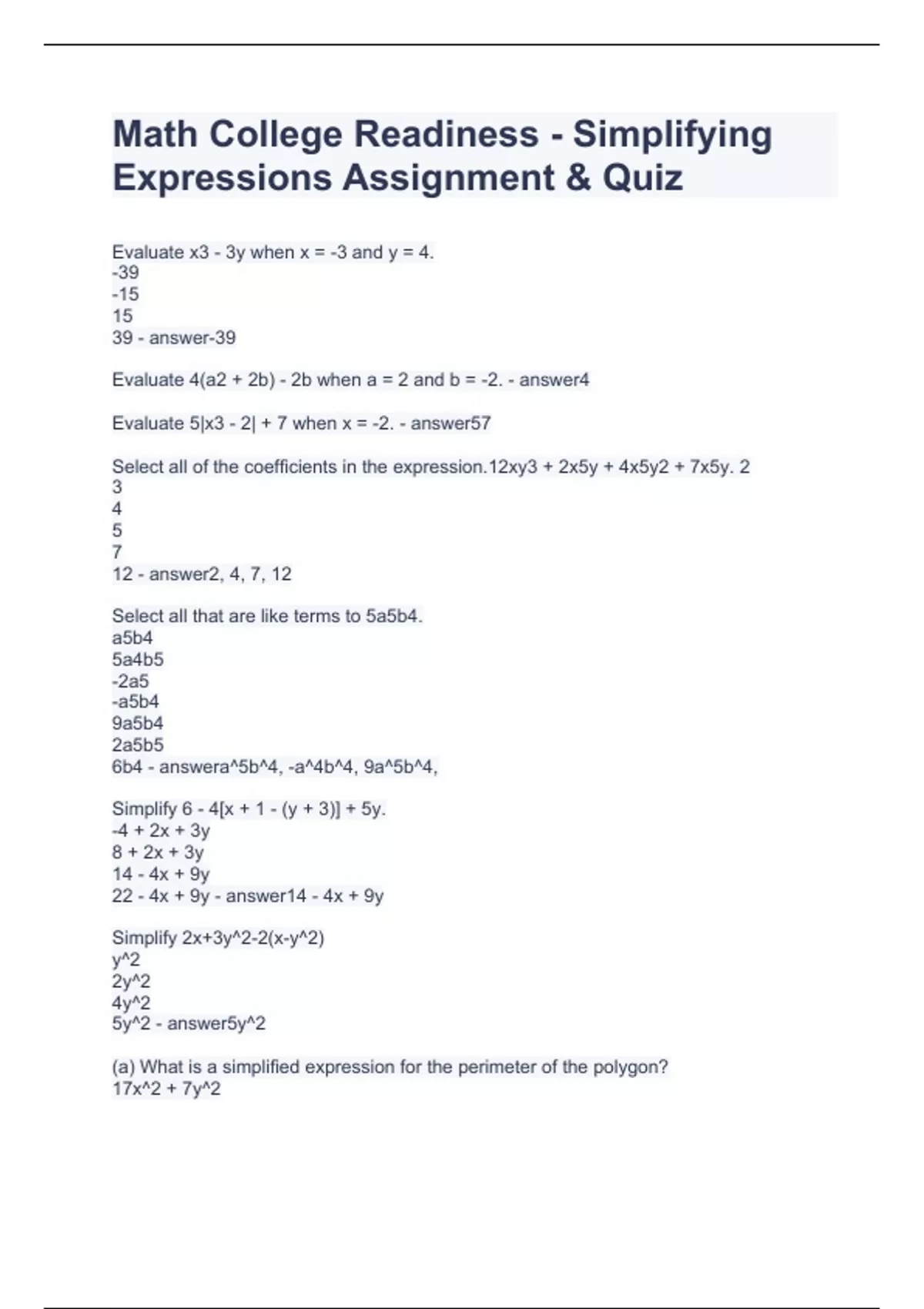 Math College Readiness - Simplifying Expressions Assignment & Quiz.Lessons 2024 with questions ...