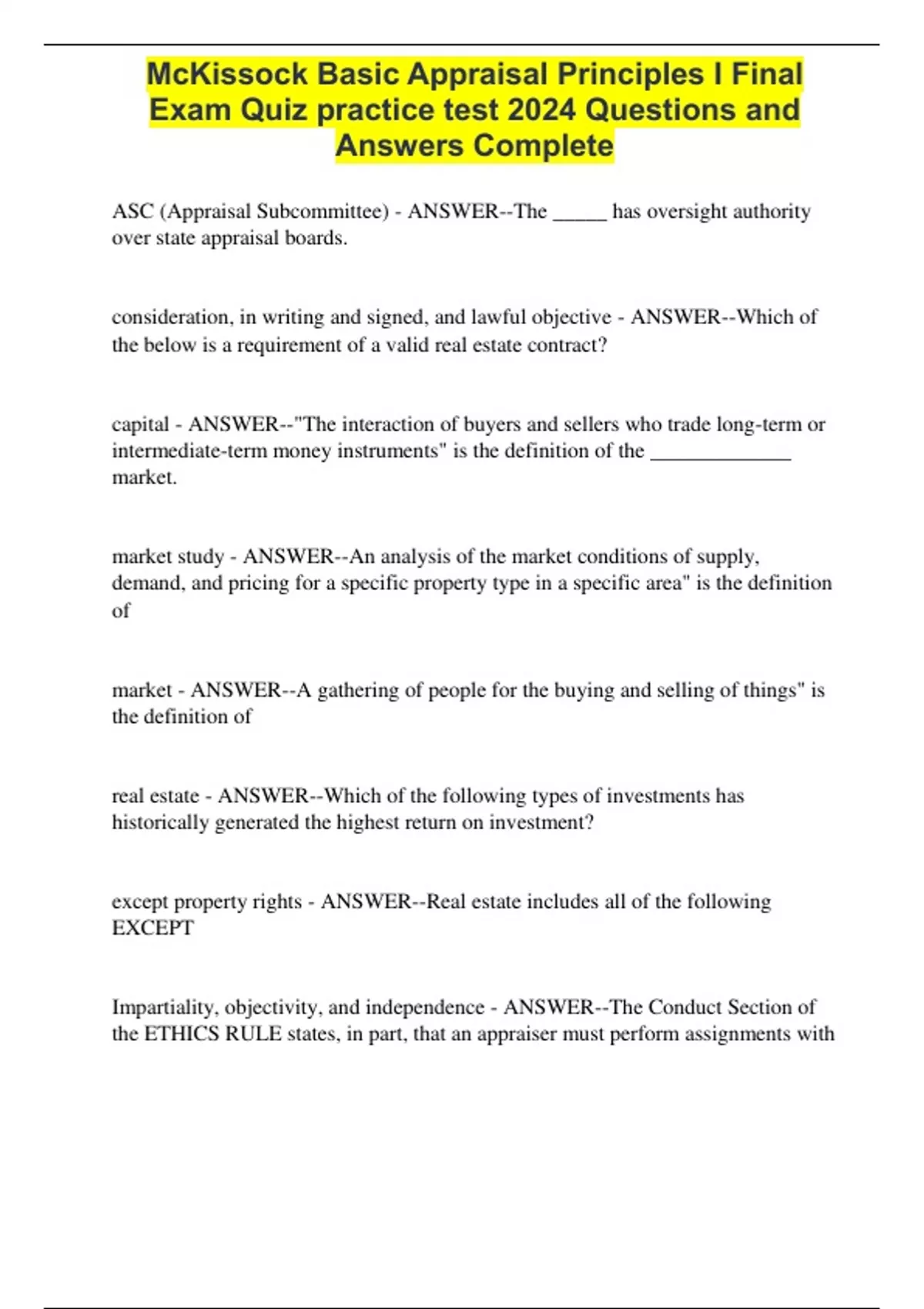 McKissock Basic Appraisal Principles I Final Exam Quiz practice test ...