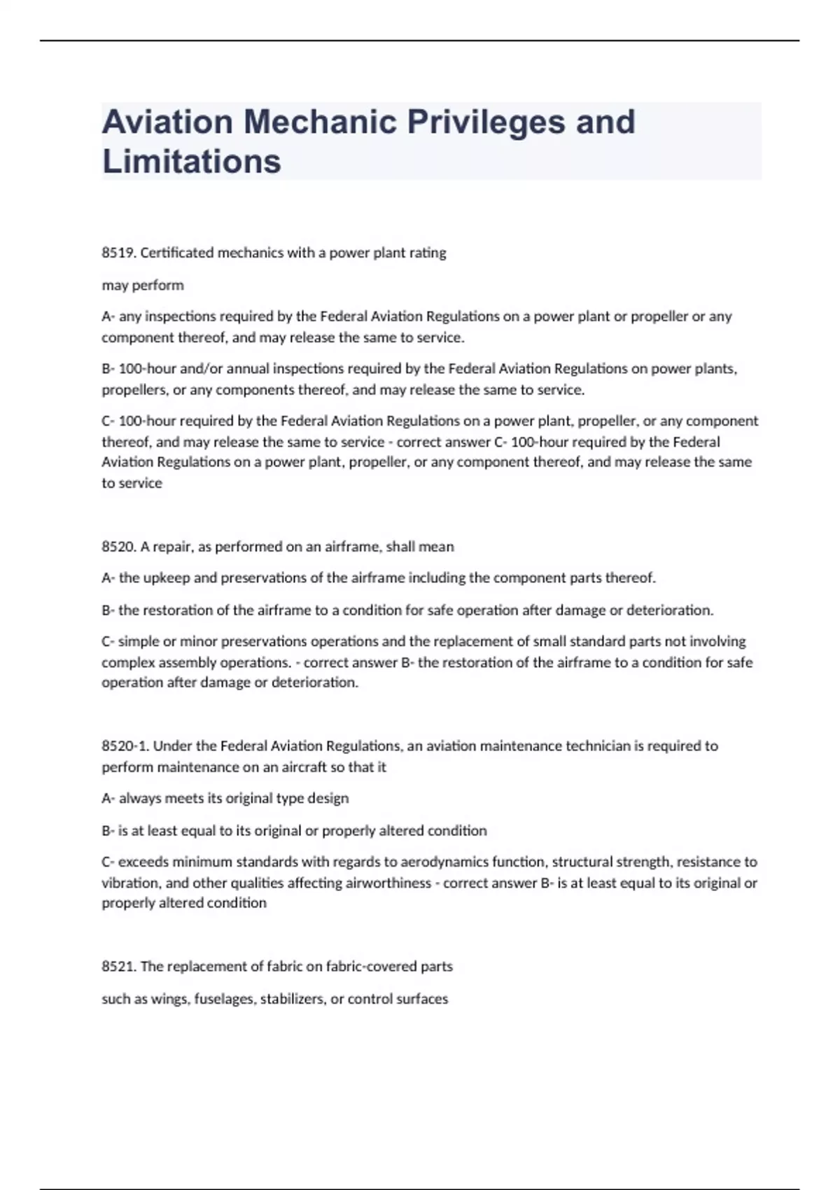 Aviation Mechanic Privileges and Limitations question n answers graded ...