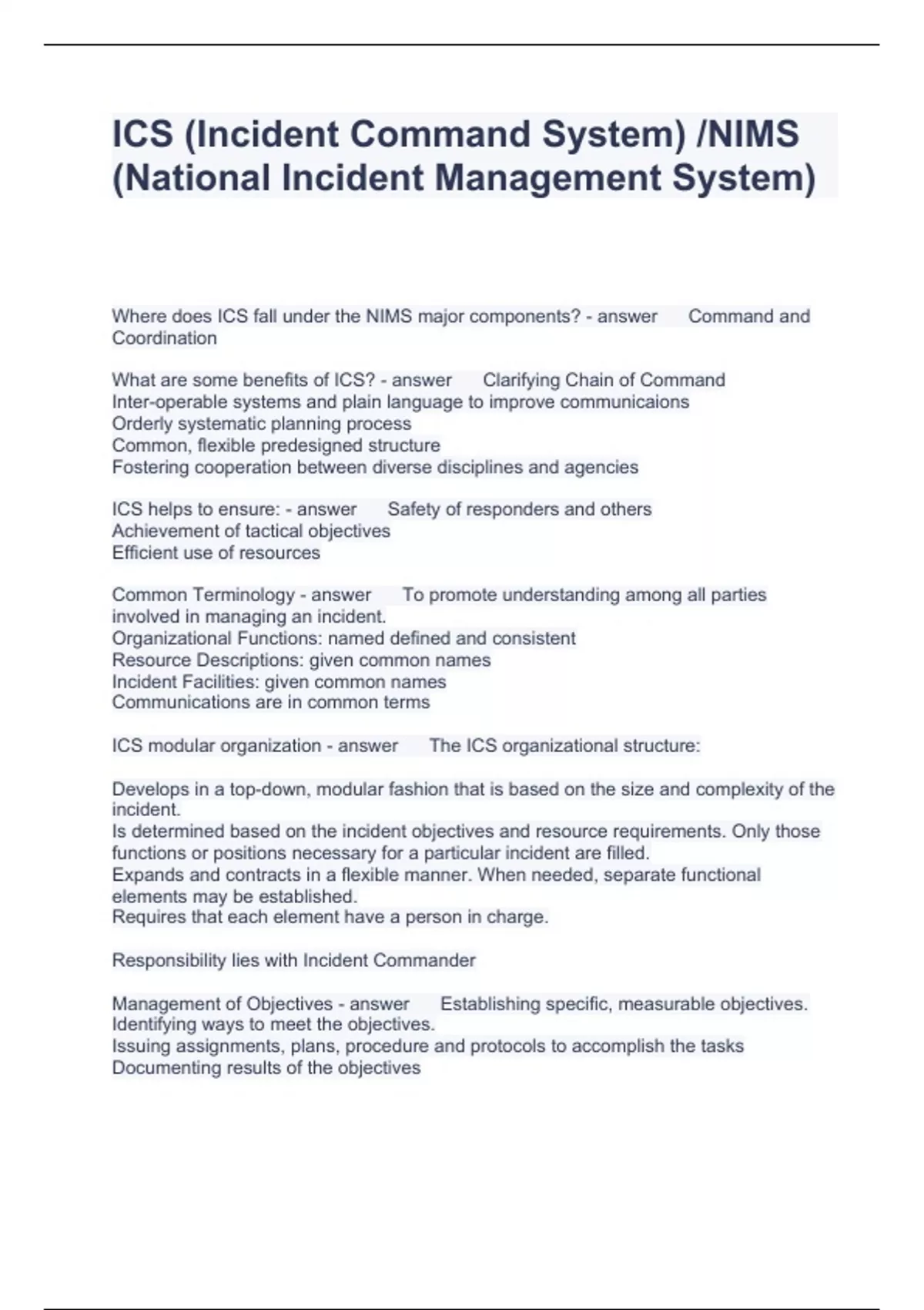 ICS (Incident Command System) NIMS (National Incident Management System) Questions and Answers ...