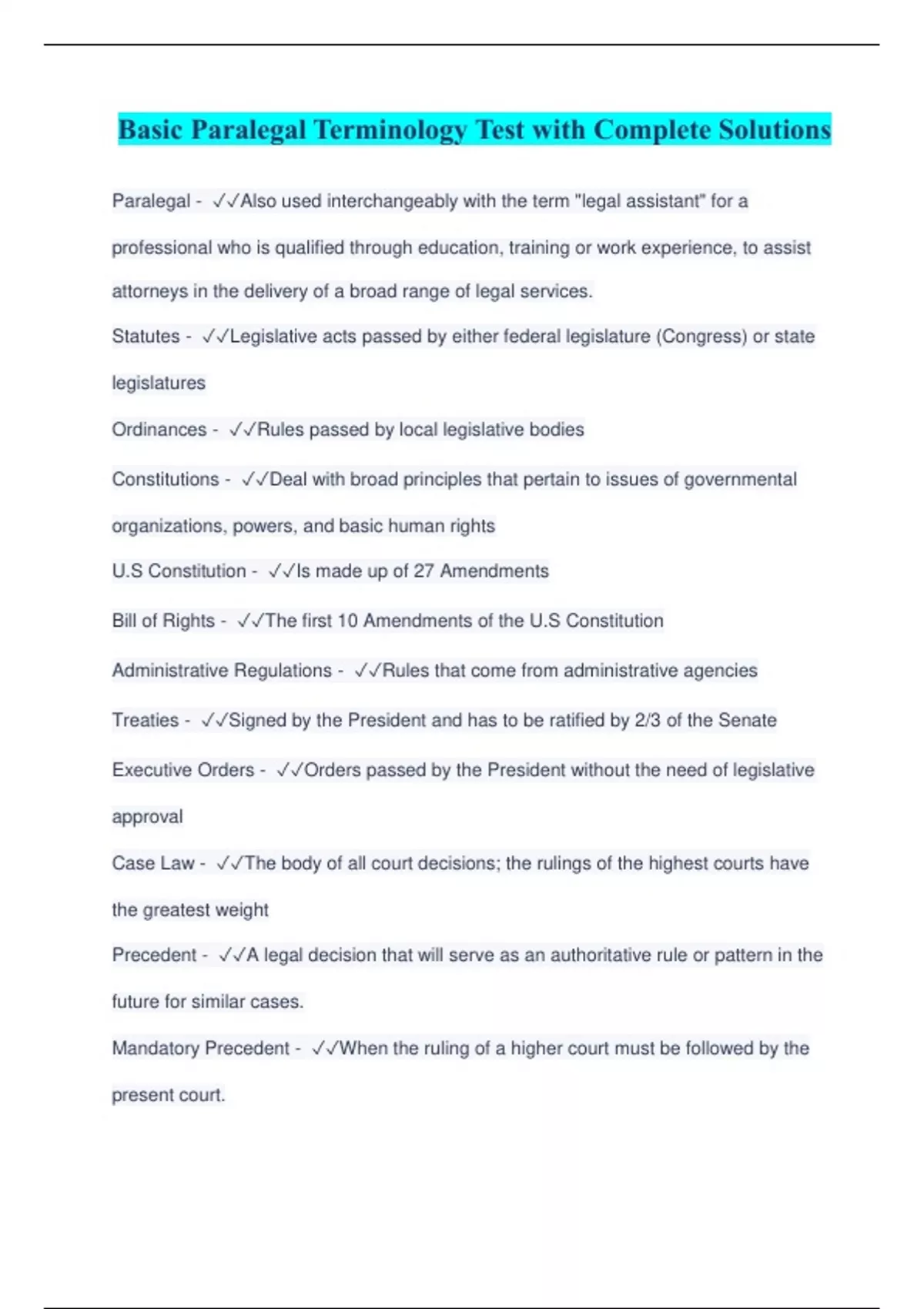 Basic Paralegal Terminology Test with Complete Solutions - Basic ...