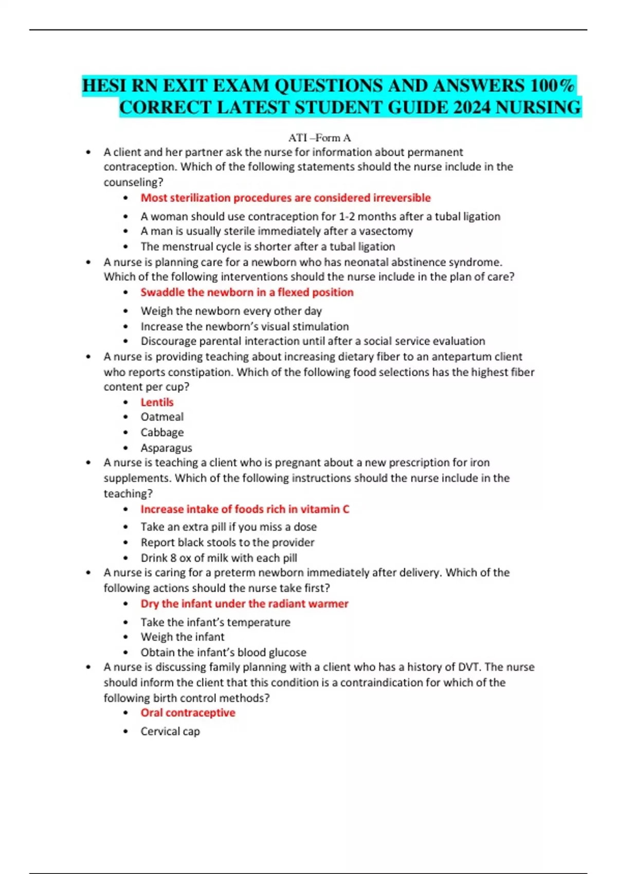 HESI RN EXIT EXAM QUESTIONS AND ANSWERS 100% CORRECT LATEST STUDENT ...