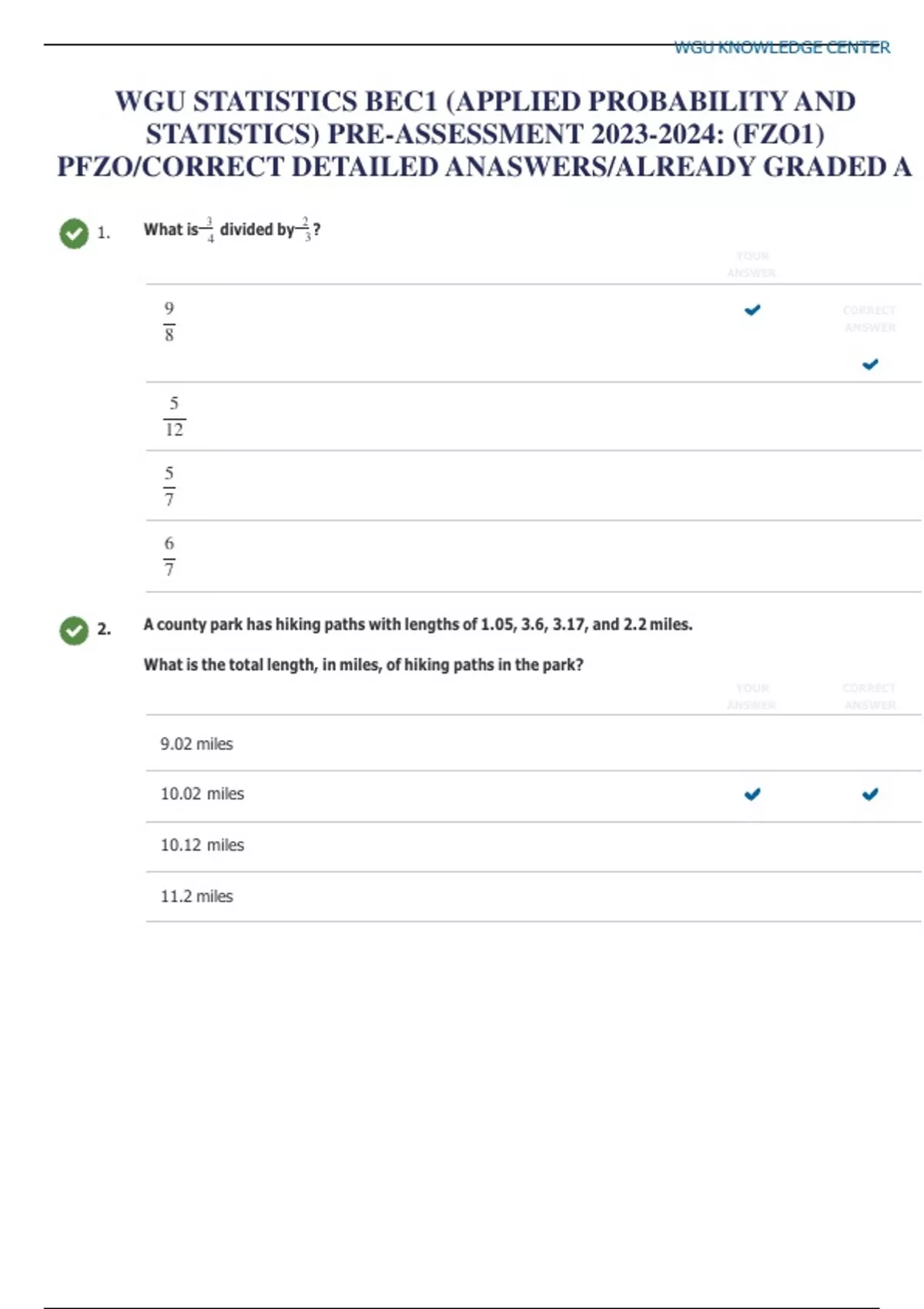 WGU STATISTICS BEC1 (APPLIED PROBABILITY AND STATISTICS) PRE-ASSESSMENT ...