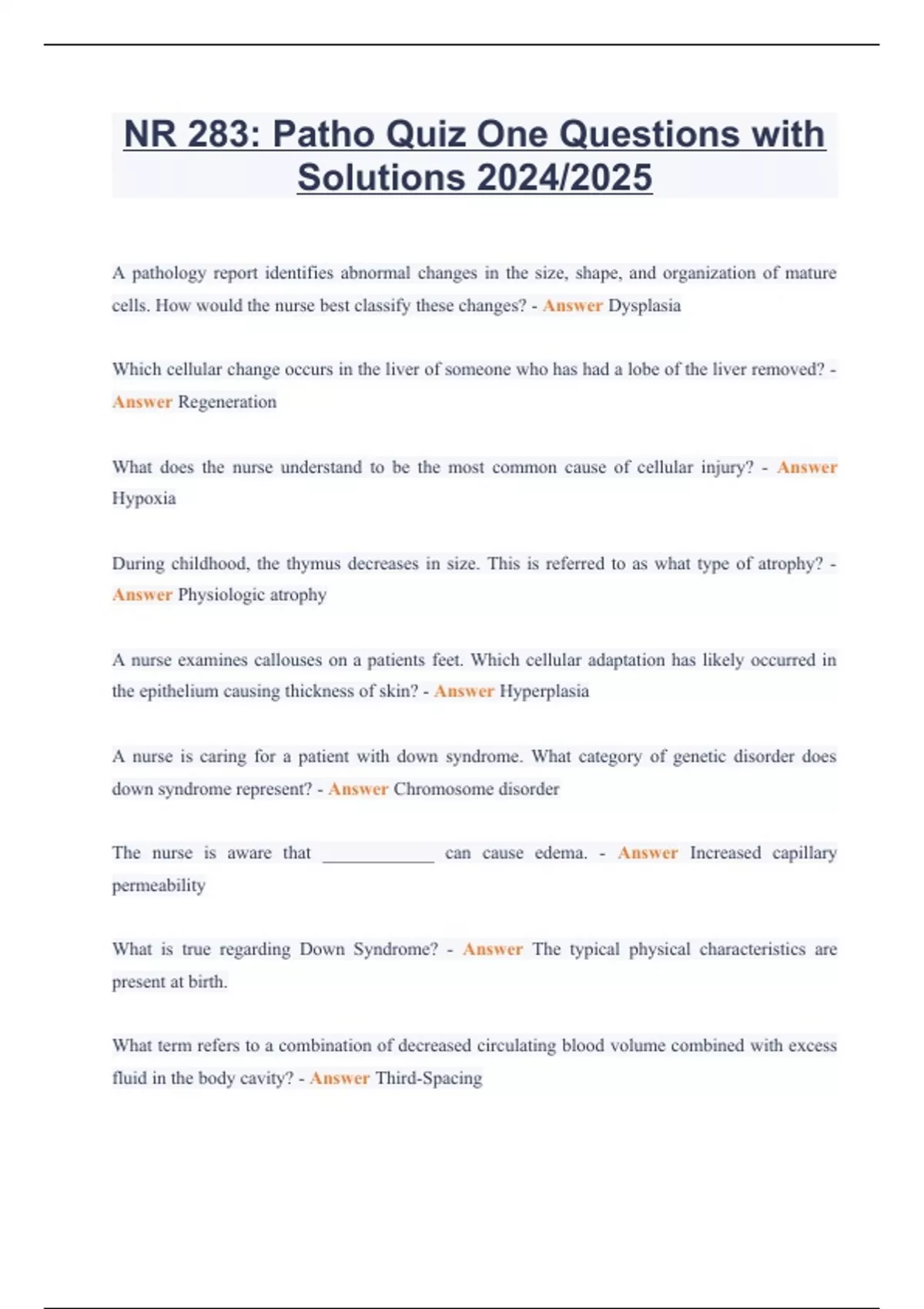 NR 283: Patho Quiz One Questions with Solutions 2023/2024 - NR 283 ...