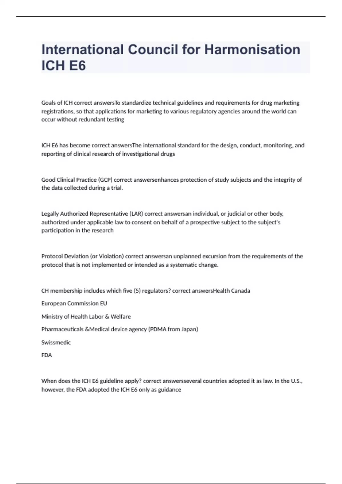 International Council for Harmonisation ICH E6 exam 2024 with 100% ...