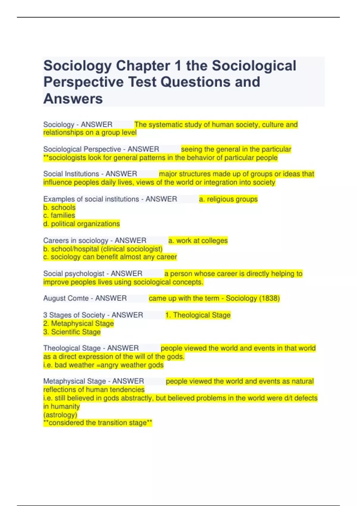 Sociology Chapter 1 the Sociological Perspective Test Questions and ...
