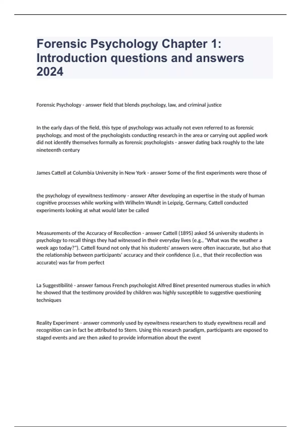 Forensic Psychology Chapter 1: Introduction questions and answers 2024 - Forensic psychology ...