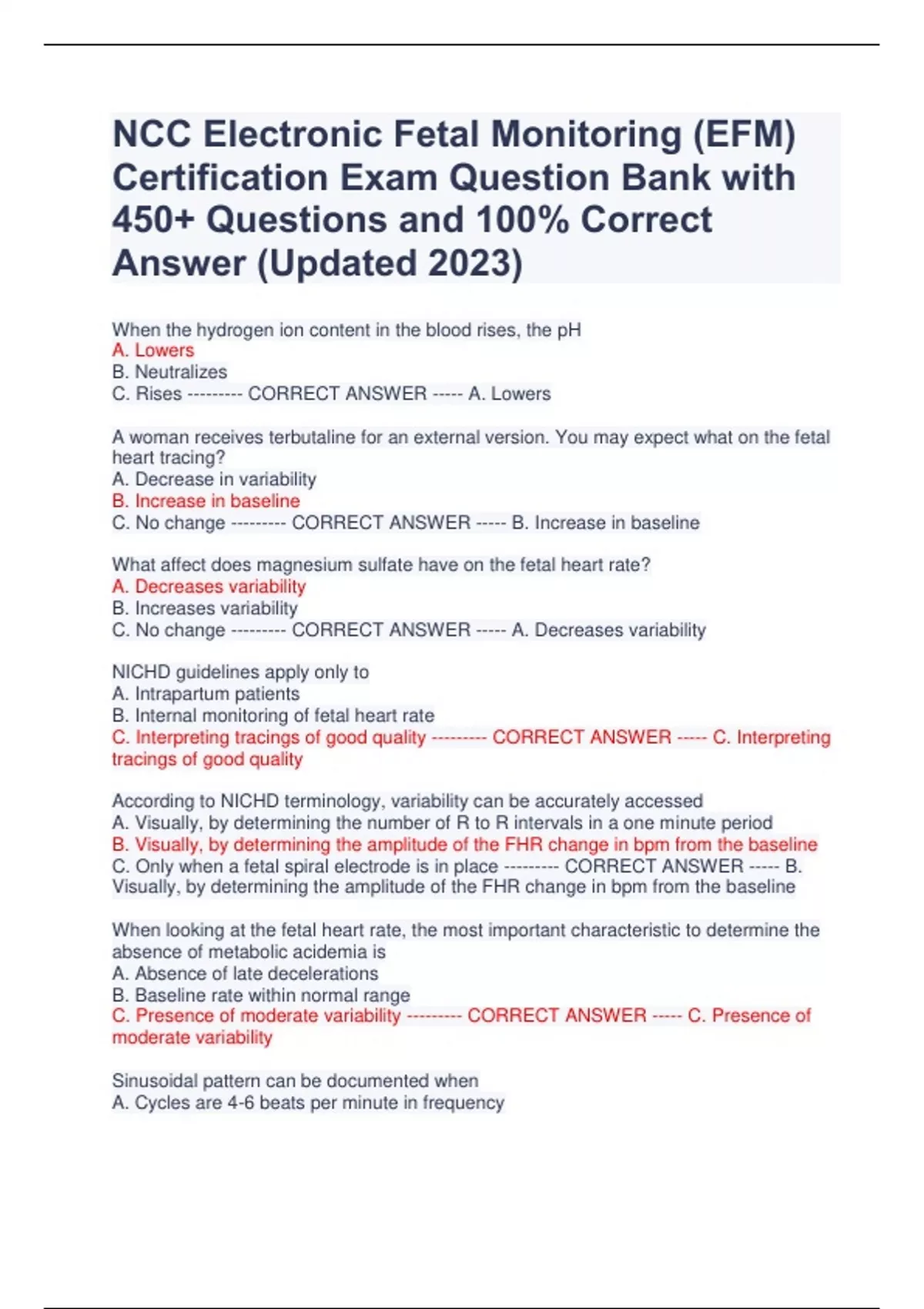 NCC Electronic Fetal Monitoring (EFM) Certification Exam Question Bank with 450+ Questions and ...