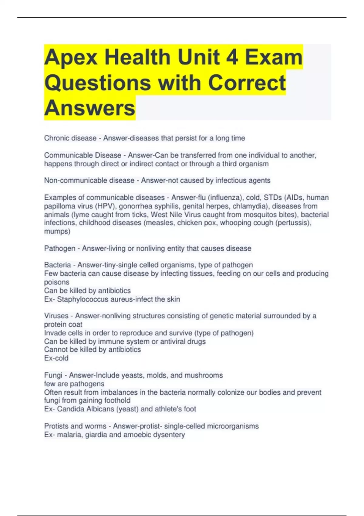 Apex Health Unit 4 Exam Questions with Correct Answers - Apex Health ...