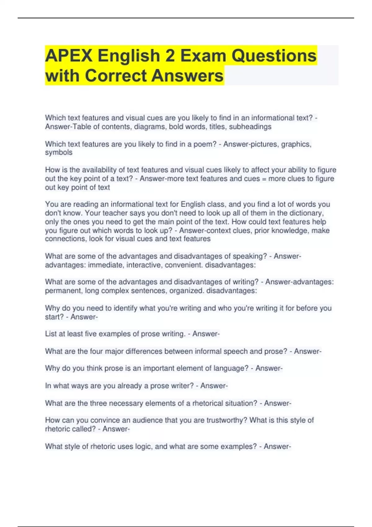 APEX English 2 Exam Questions with Correct Answers - APEX English 2 - Stuvia US