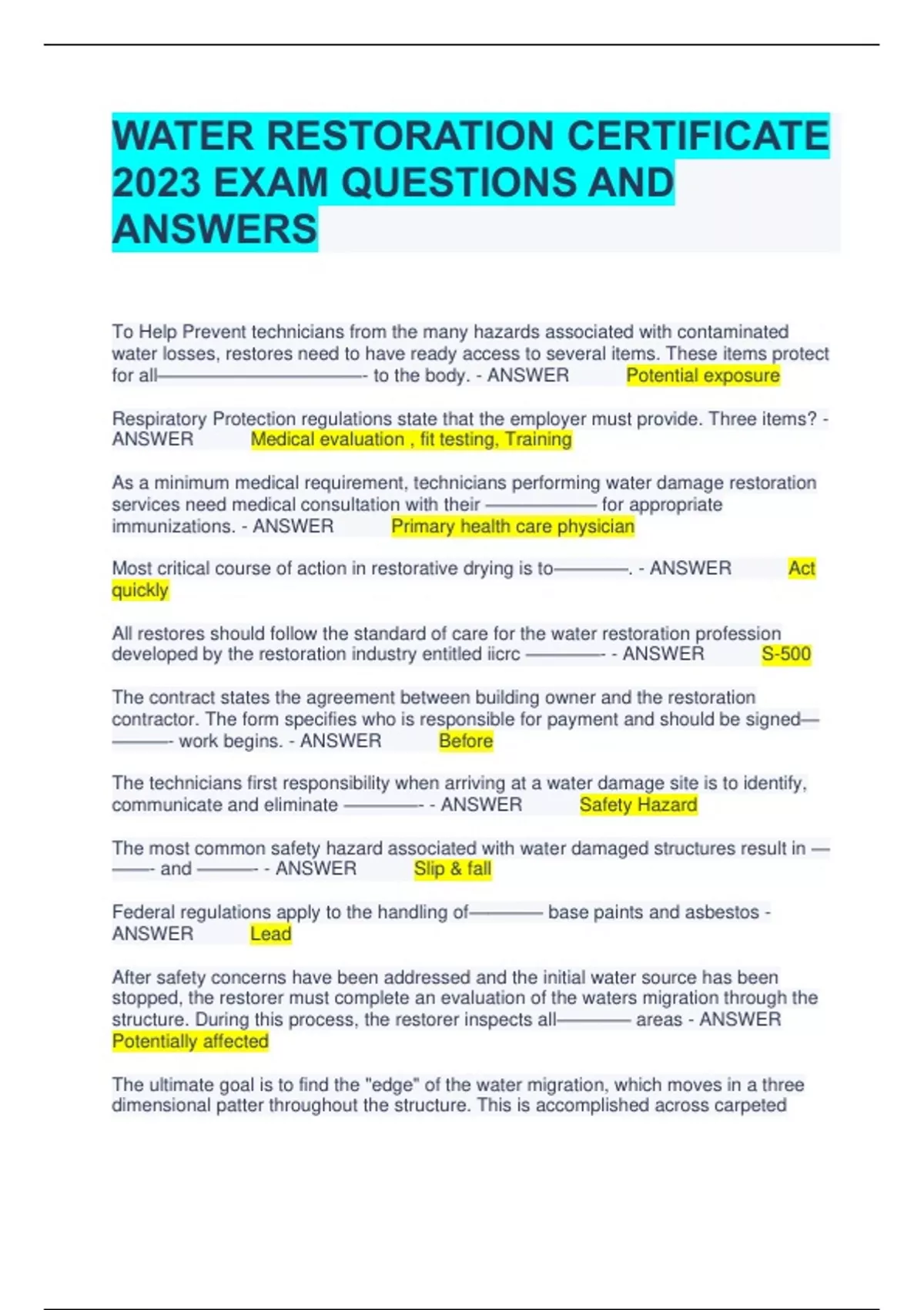 WATER RESTORATION CERTIFICATE 2023 EXAM QUESTIONS AND ANSWERS - WATER ...