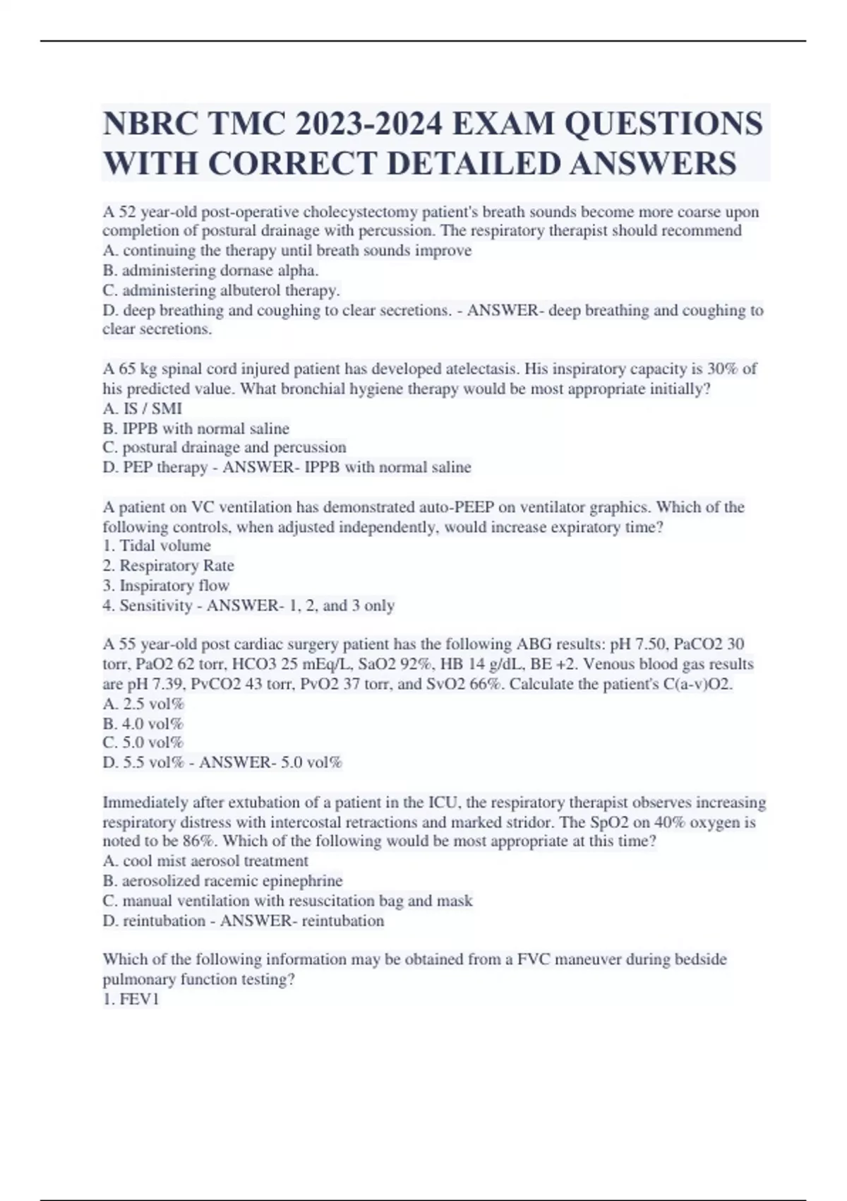 NBRC TMC EXAM QUESTIONS WITH CORRECT DETAILED ANSWERS - NBRC TMC 2023-2024 - Stuvia US