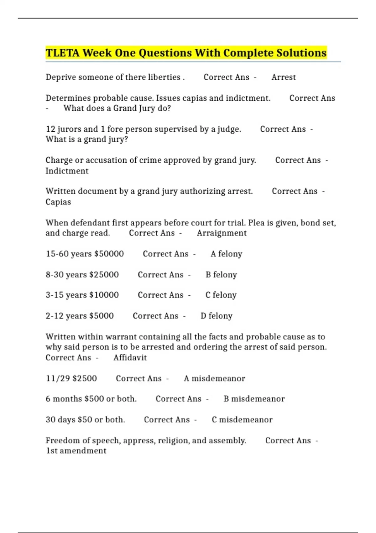 TLETA Week One Questions With Complete Solutions - TLETA - Stuvia