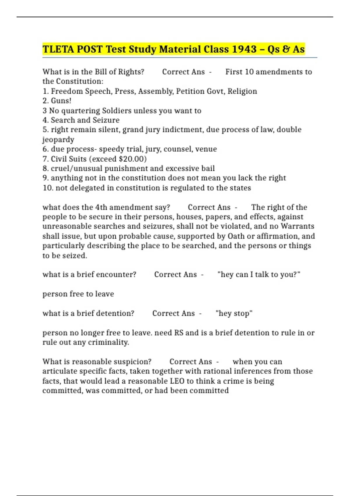 TLETA POST Test Study Material Class 1943 – Qs & As - TLETA - Stuvia