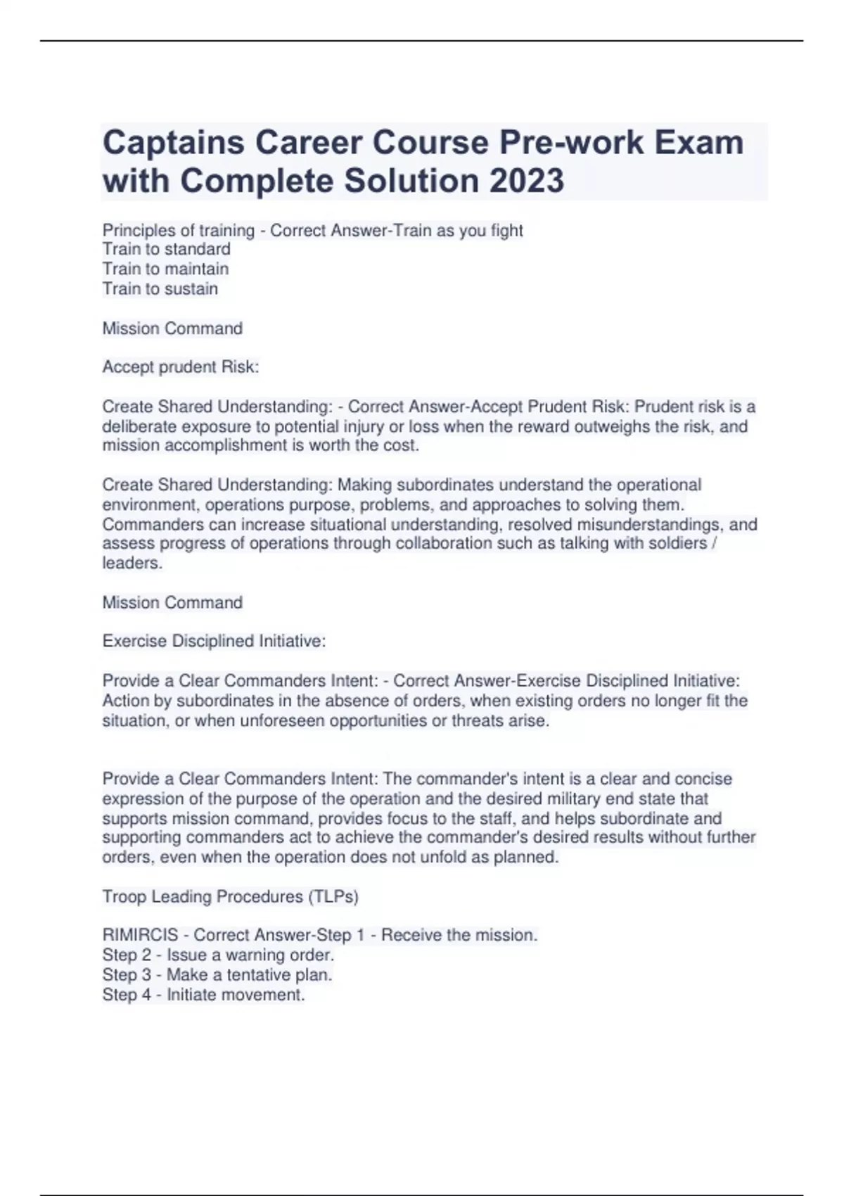 Captains Career Course Pre-work Exam with Complete Solution 2023 ...