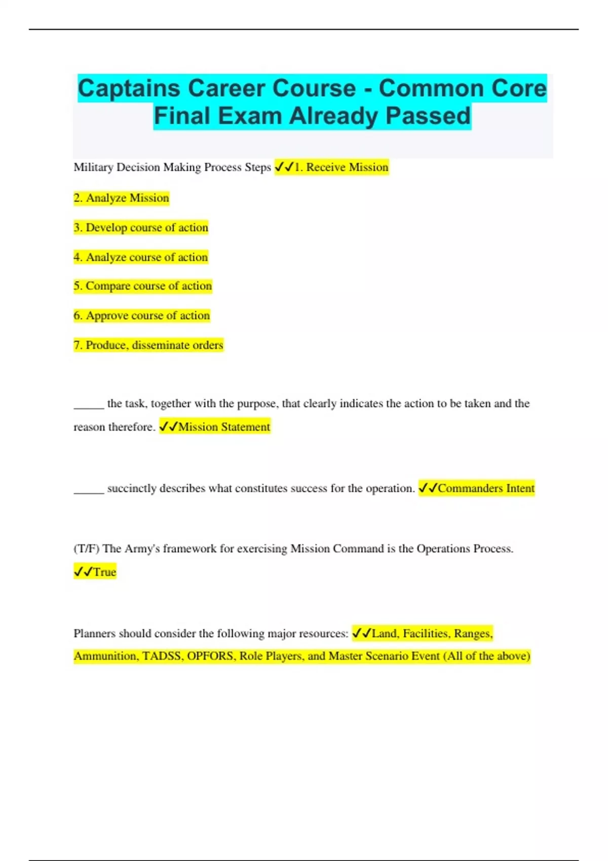 Captains Career Course Common Core Final Exam Already Passed Captains Career Course Common