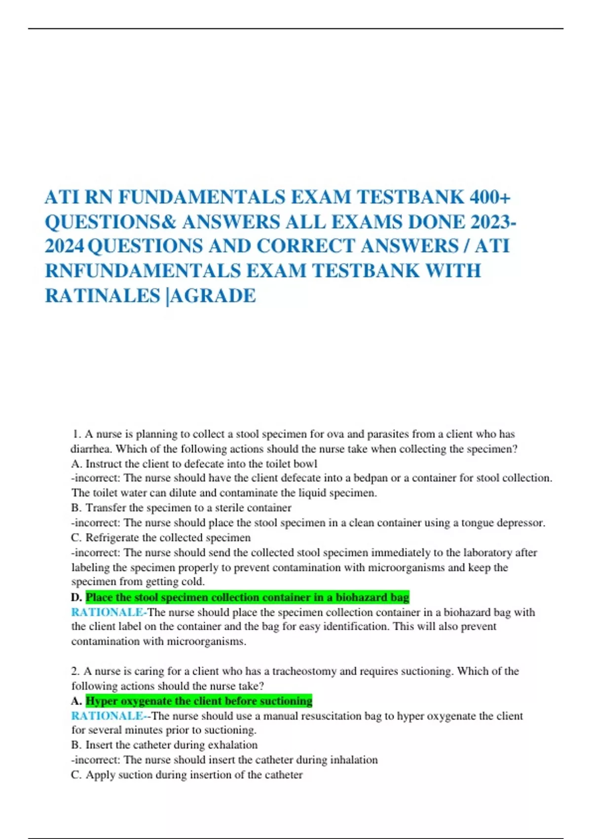ATI RN FUNDAMENTALS EXAM TESTBANK 400+ QUESTIONS& ANSWERS ALL EXAMS ...