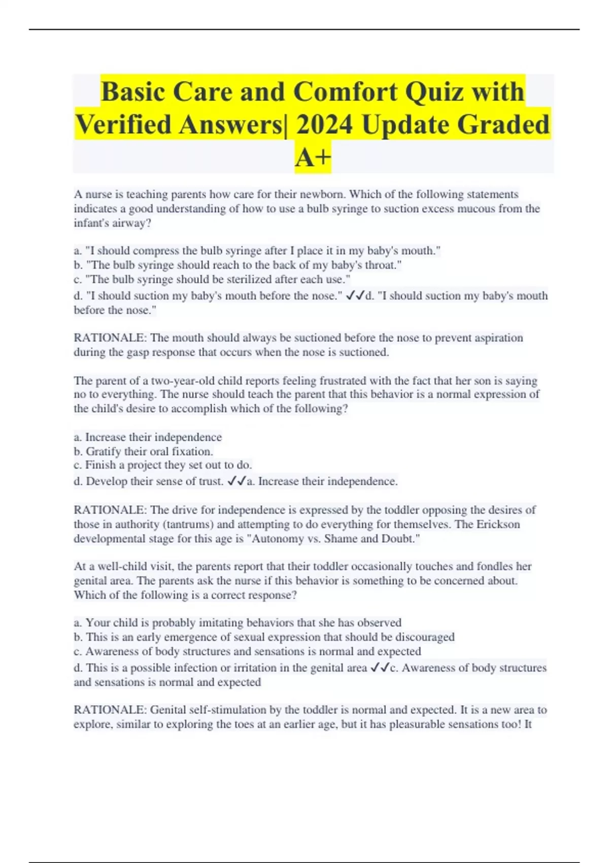 Basic Care and Comfort Quiz with Verified Answers| 2024 Update Graded ...