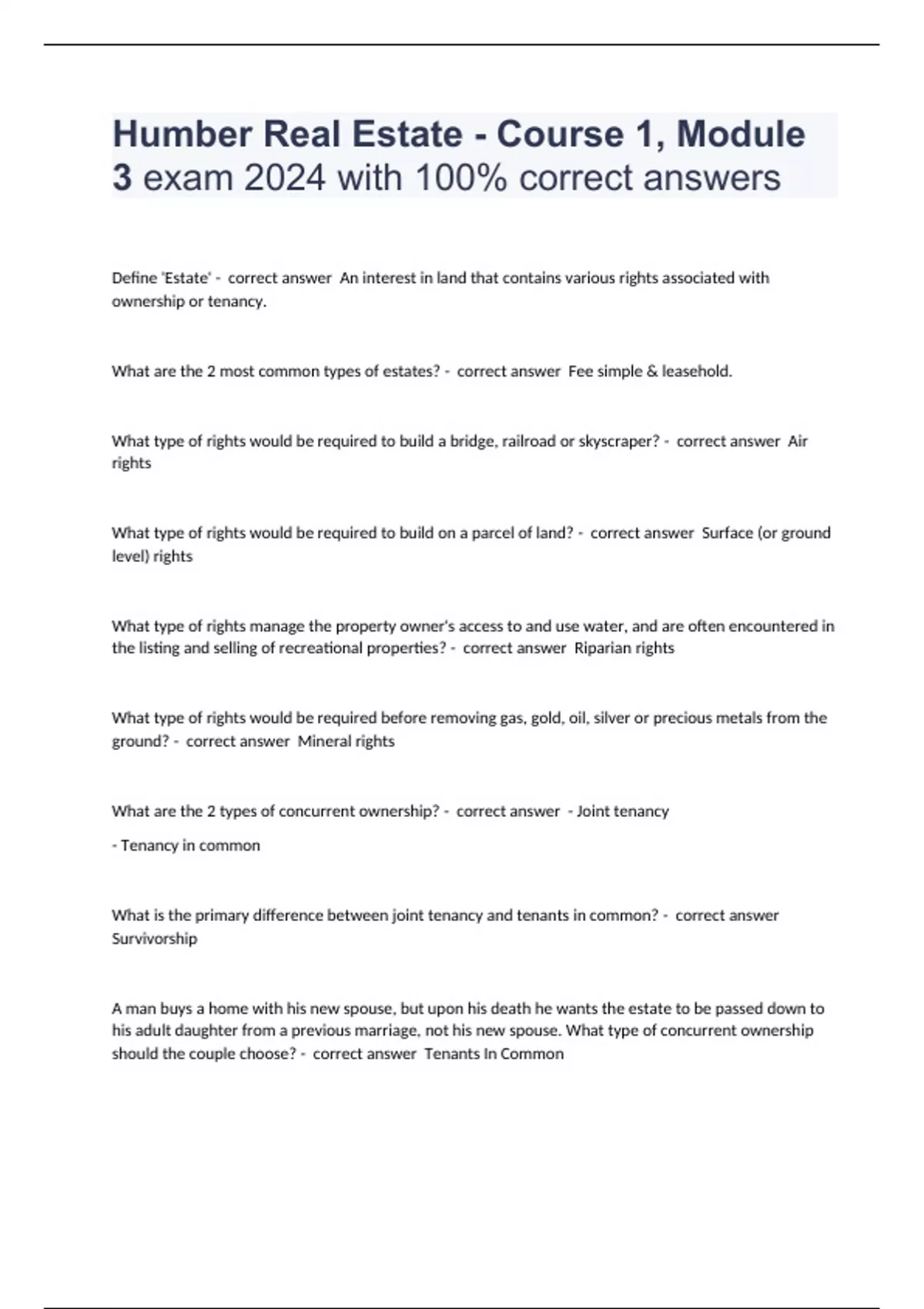 Humber Real Estate - Course 1, Module 3 exam 2024 with 100% correct answers - Humber Real Estate ...