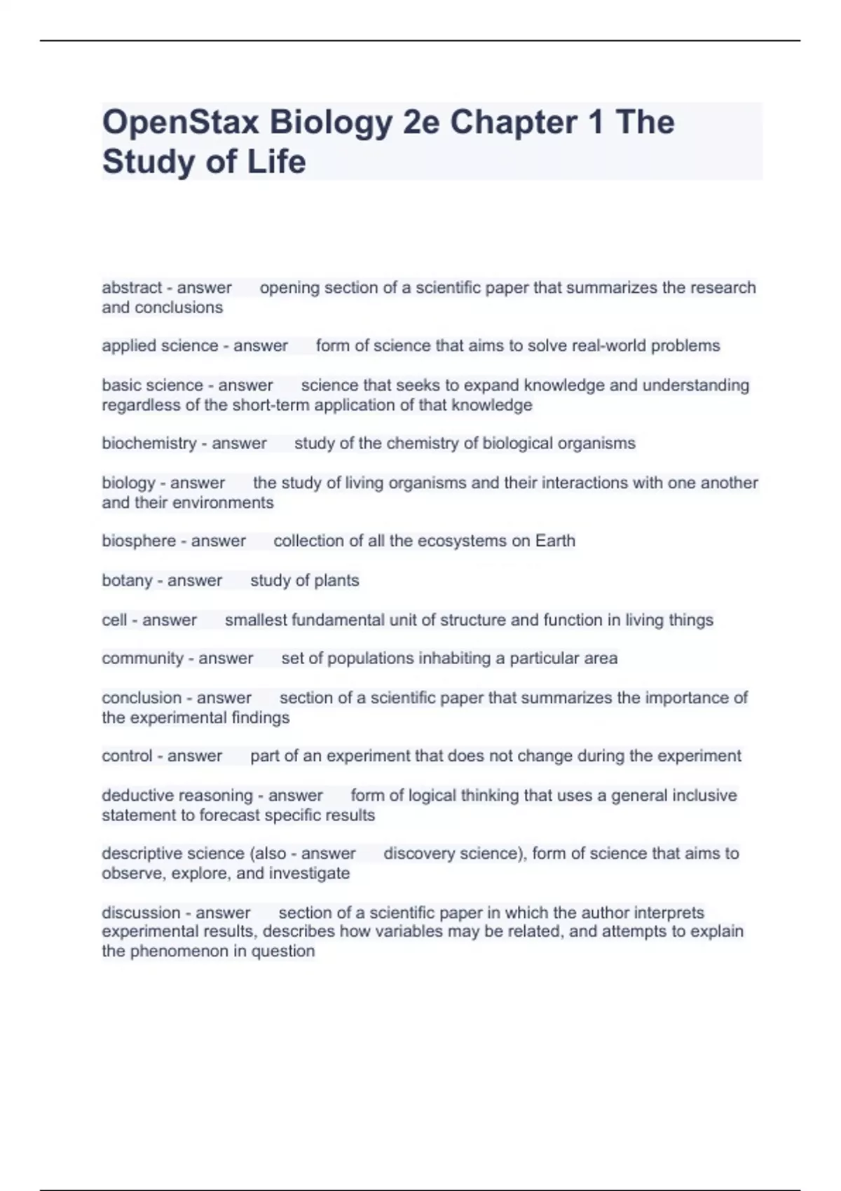 OpenStax Biology 2e Chapter 1 The Study of Life Questions and Answers 100% correct 2024 ...
