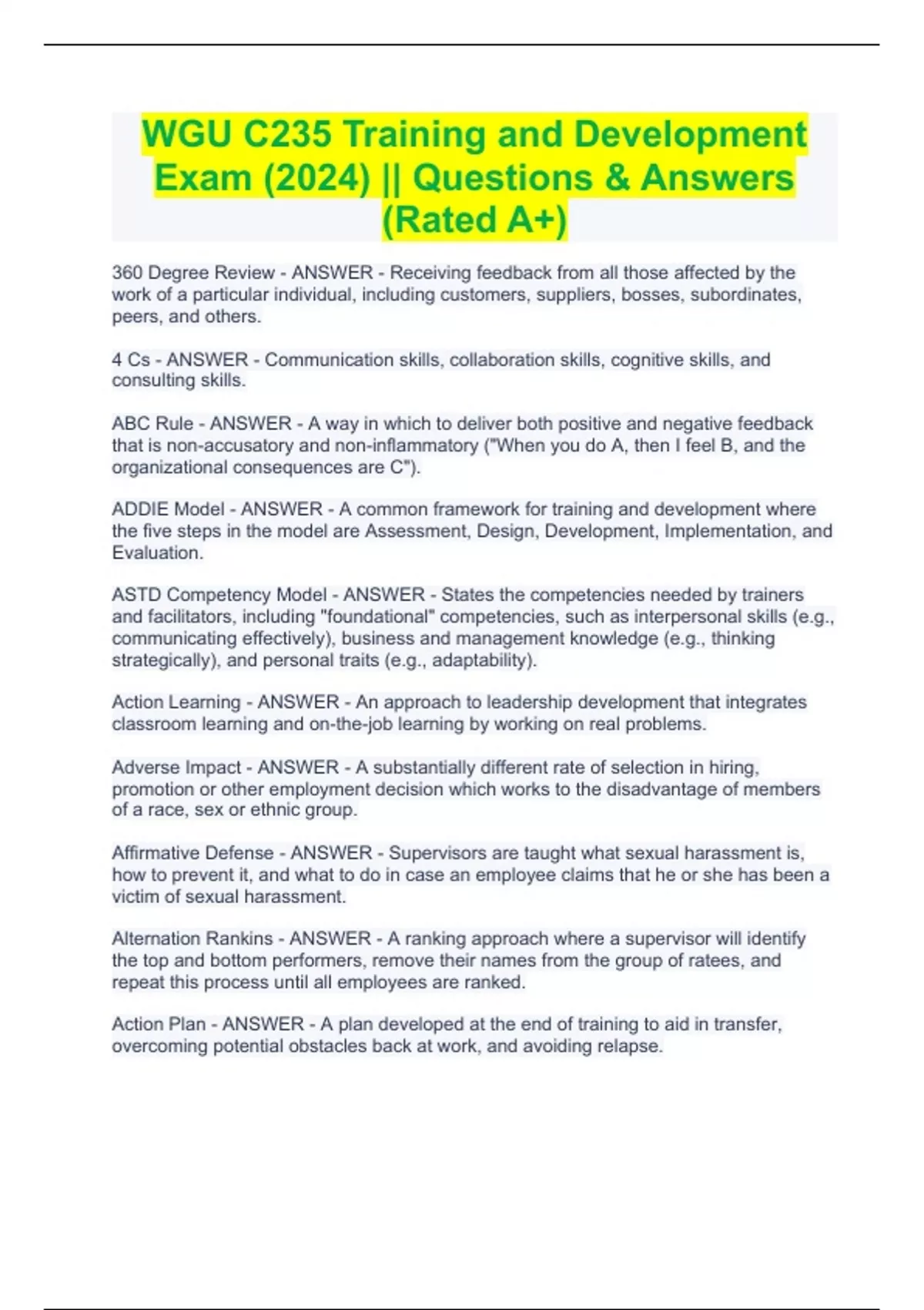 WGU C235 Training and Development Exam (2024) || Questions & Answers ...