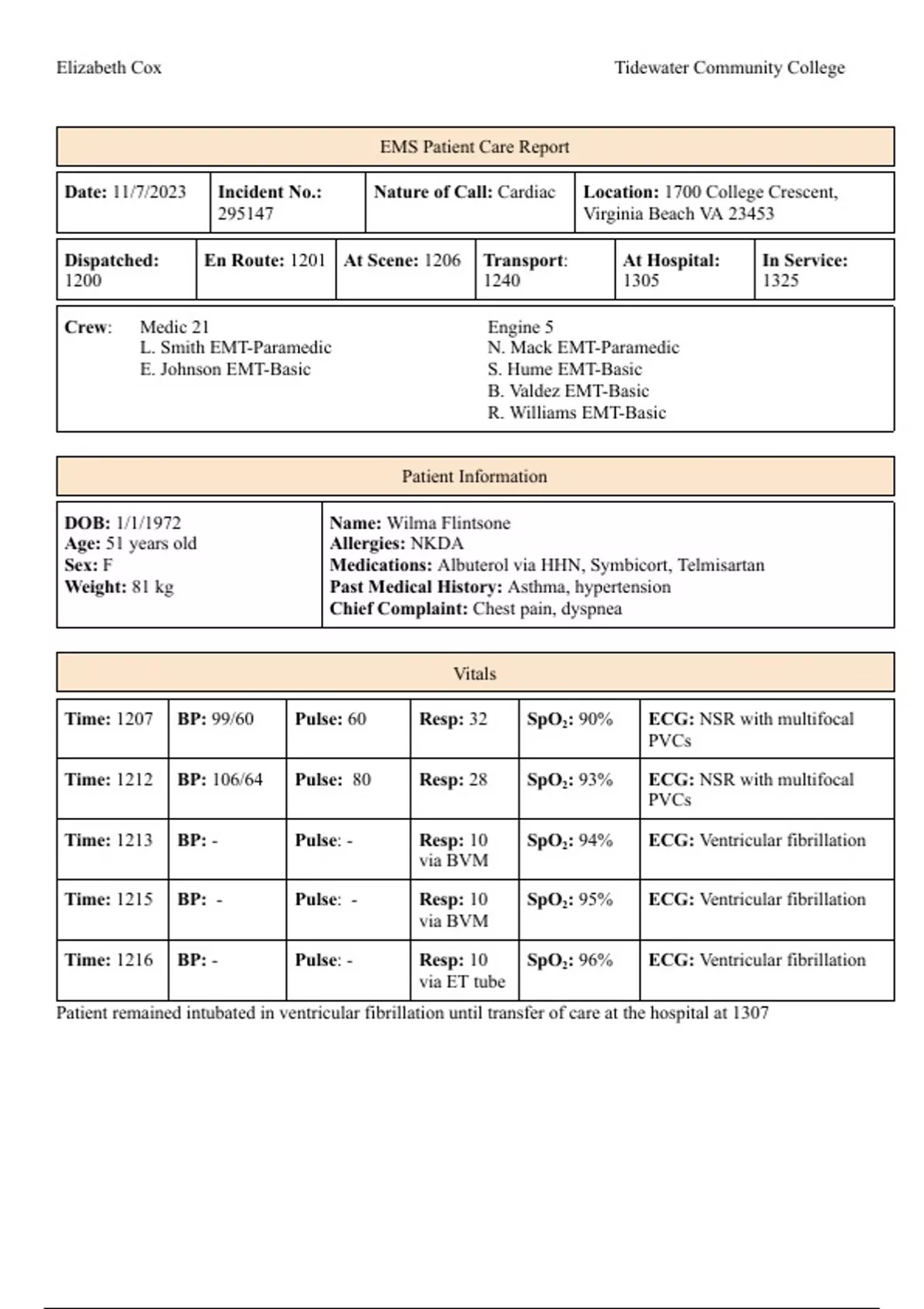 Witnessed Cardiac Arrest Patient Care Report - EMS - Stuvia US