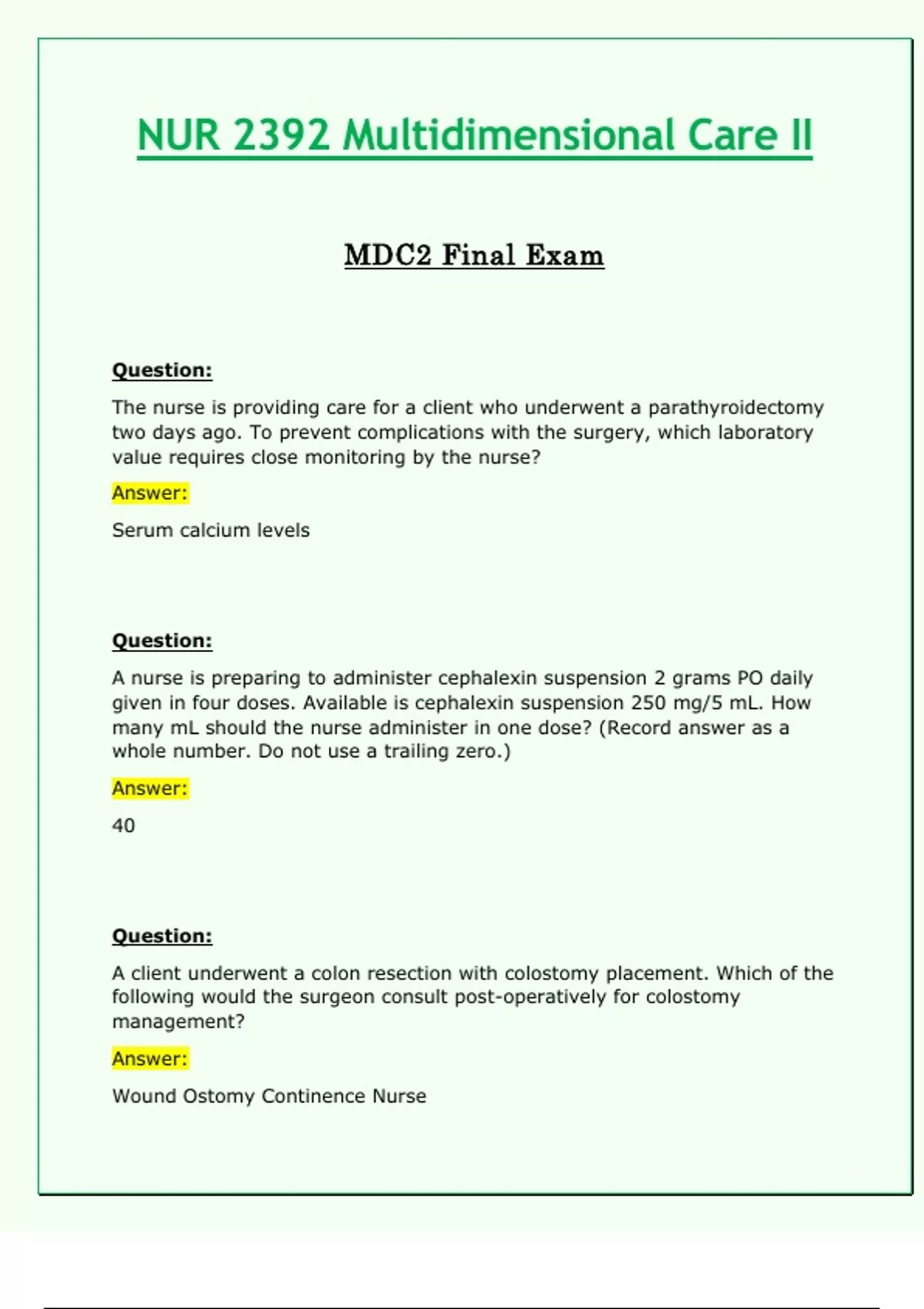 NUR 2392 / NUR2392 Final Exam (Latest 2024 / 2025): Multidimensional ...