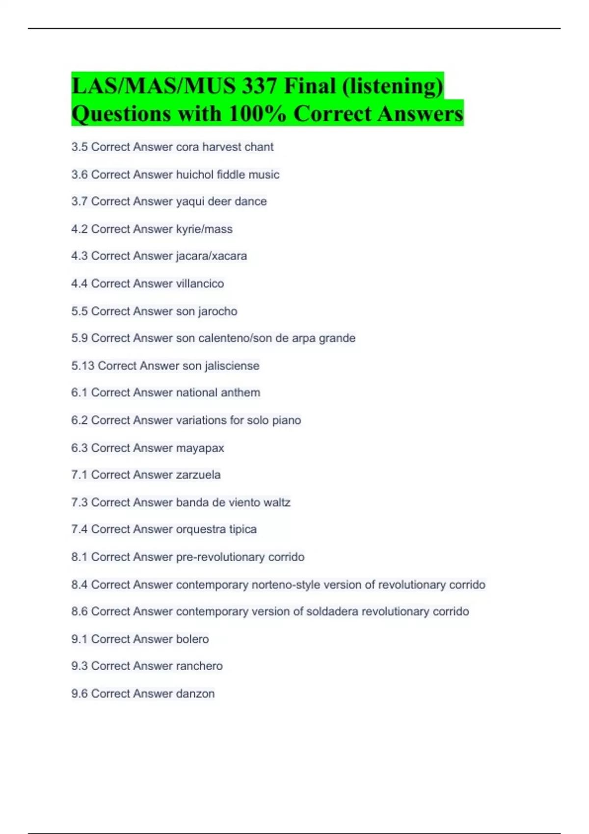 LAS/MAS/MUS 337 Final (listening) Questions with 100% Correct Answers ...