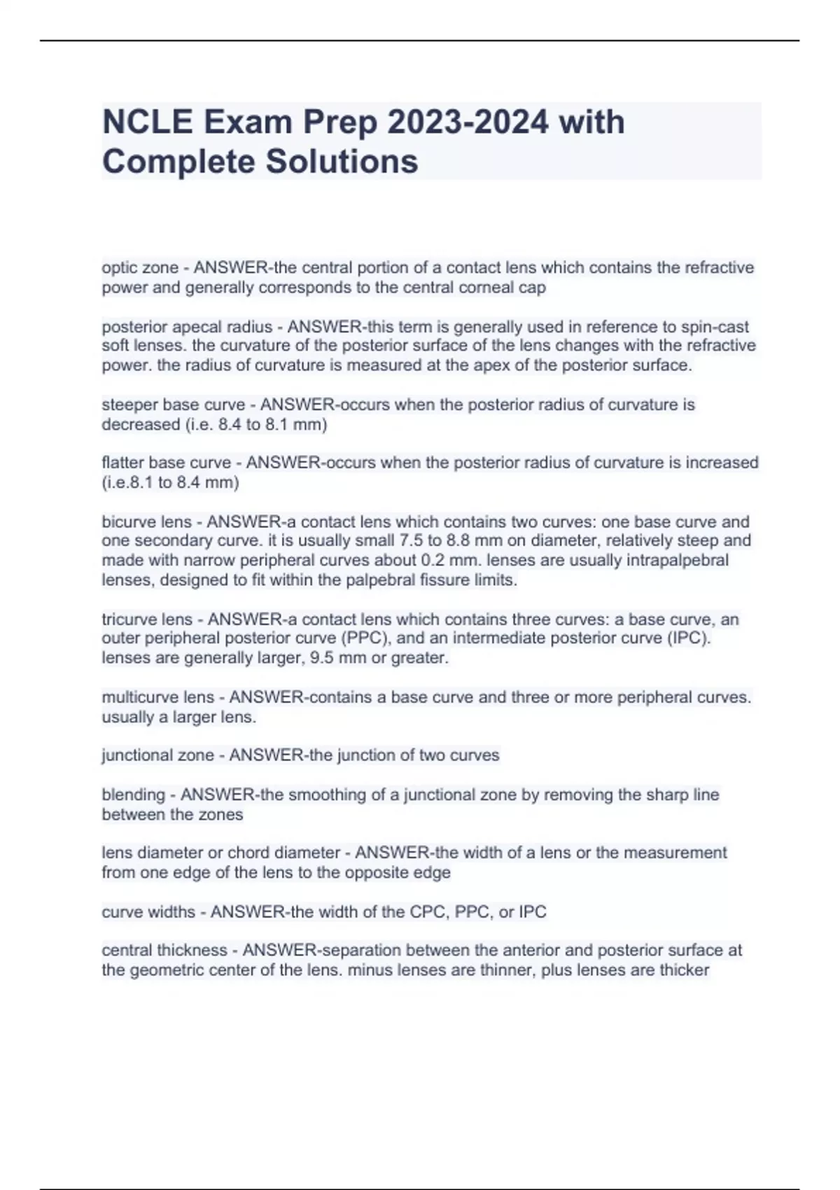 NCLE Exam Prep with Complete Solutions - NCLE - Stuvia US