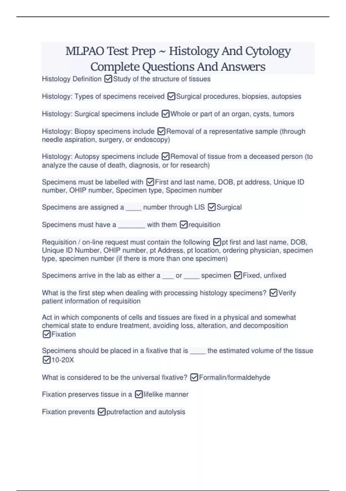 MLPAO Test Prep ~ Histology And Cytology Complete Questions And Answers ...