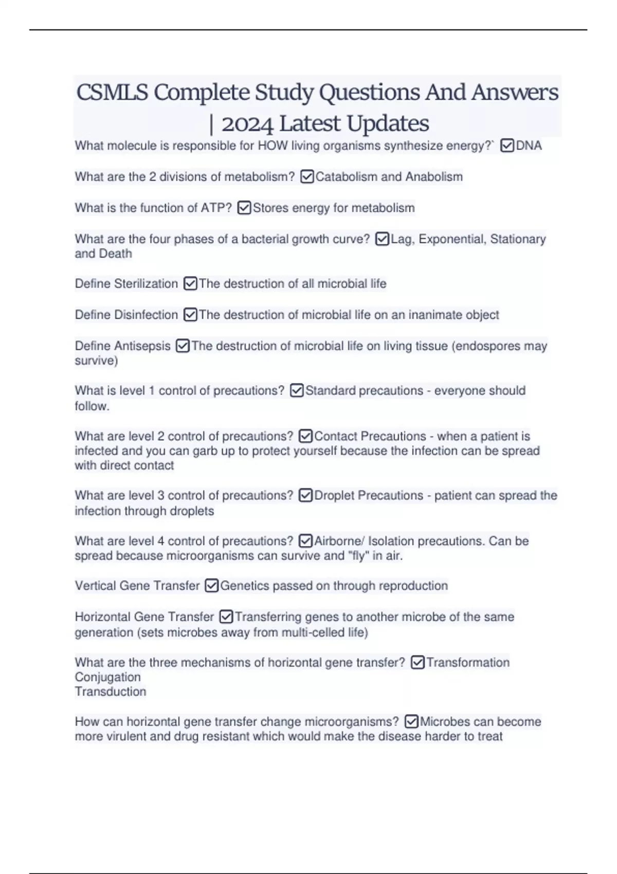 CSMLS Complete Study Questions And Answers | 2024 Latest Updates ...